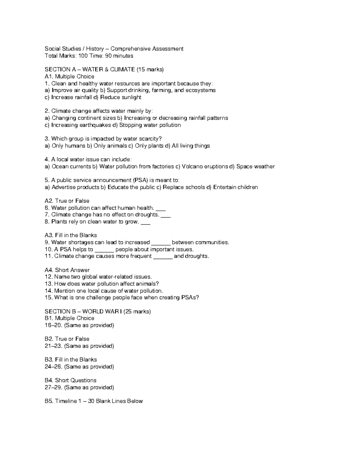 Social Studies History Assessment (SS101) - Total Marks: 100 - Studocu