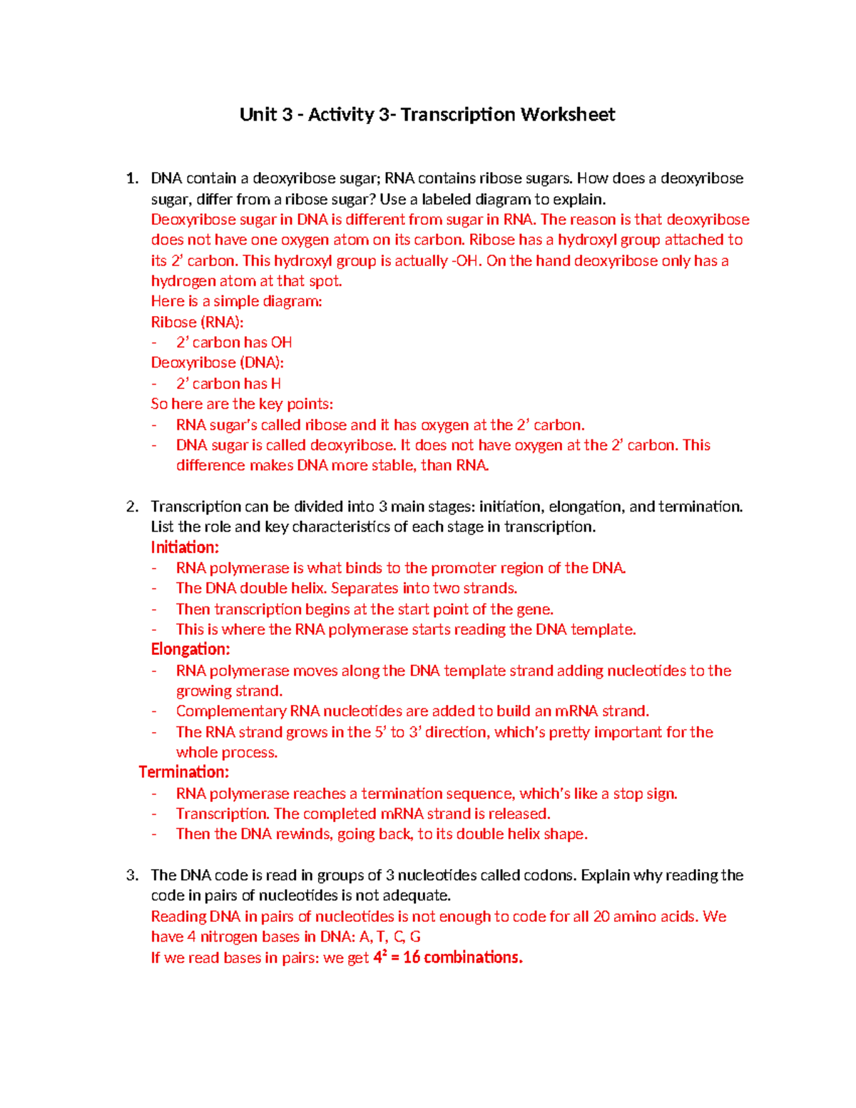 Unit 3 - Activity 3: Transcription Worksheet on DNA & RNA Differences ...