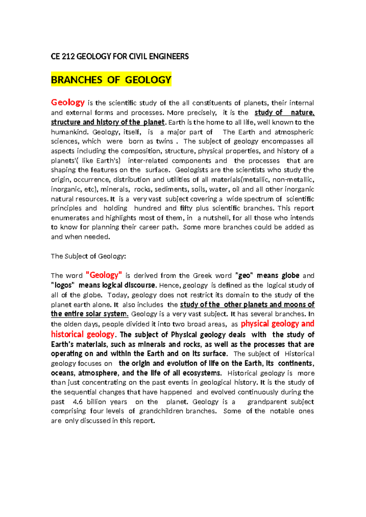 CE 212 Geology: Key Branches for Civil Engineers' Understanding - Studocu