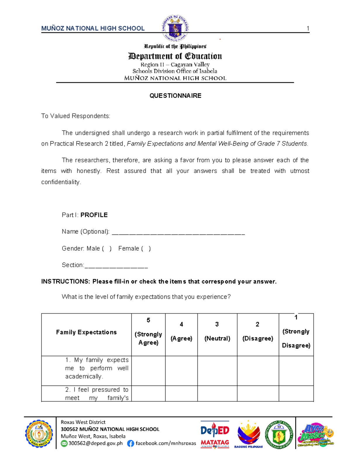 PRAC RES 2: Family Expectations & Mental Well-Being Questionnaire - Studocu