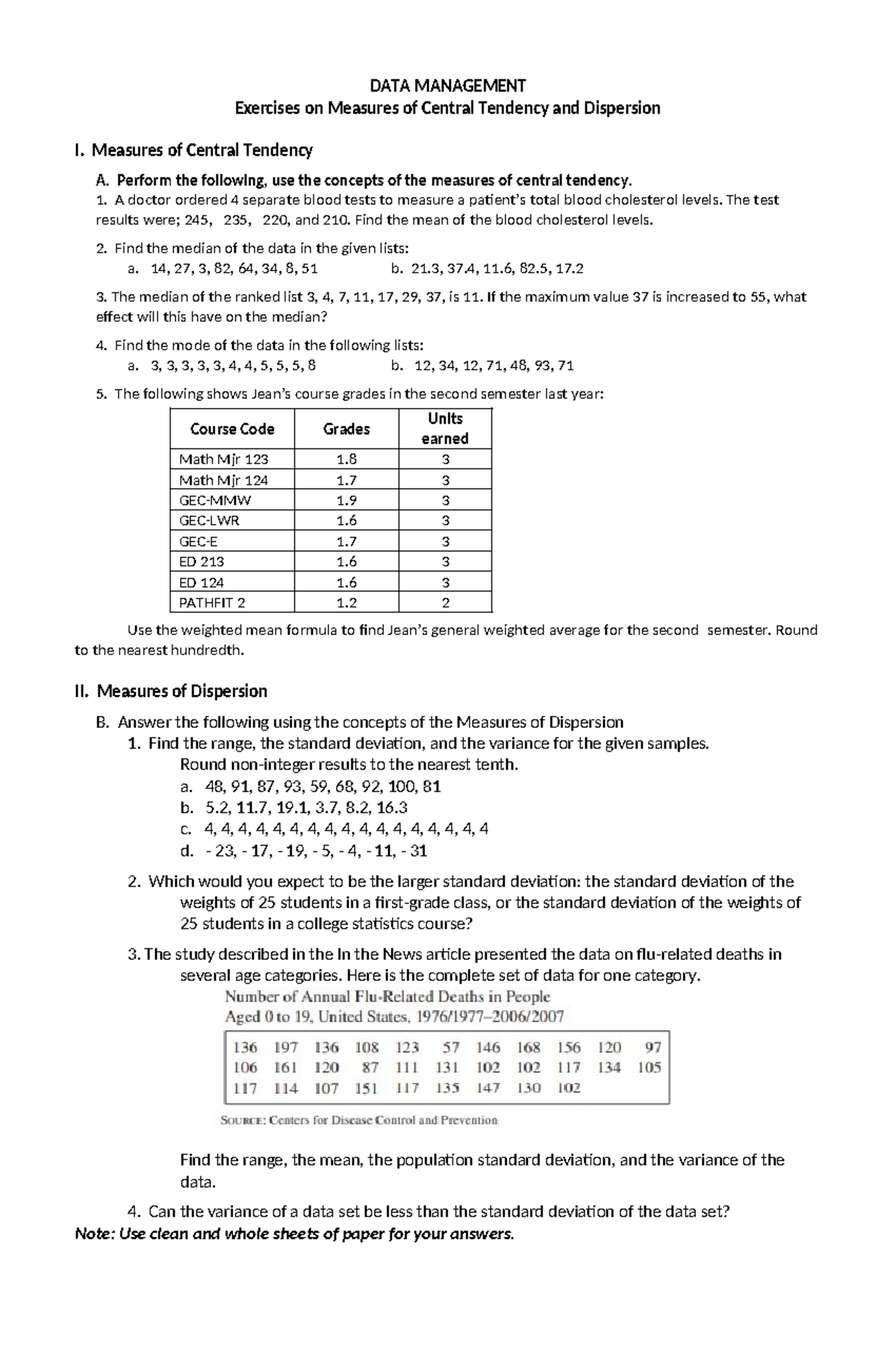Exercises on Central Tendency & Dispersion for DATA MGMT Course - Studocu