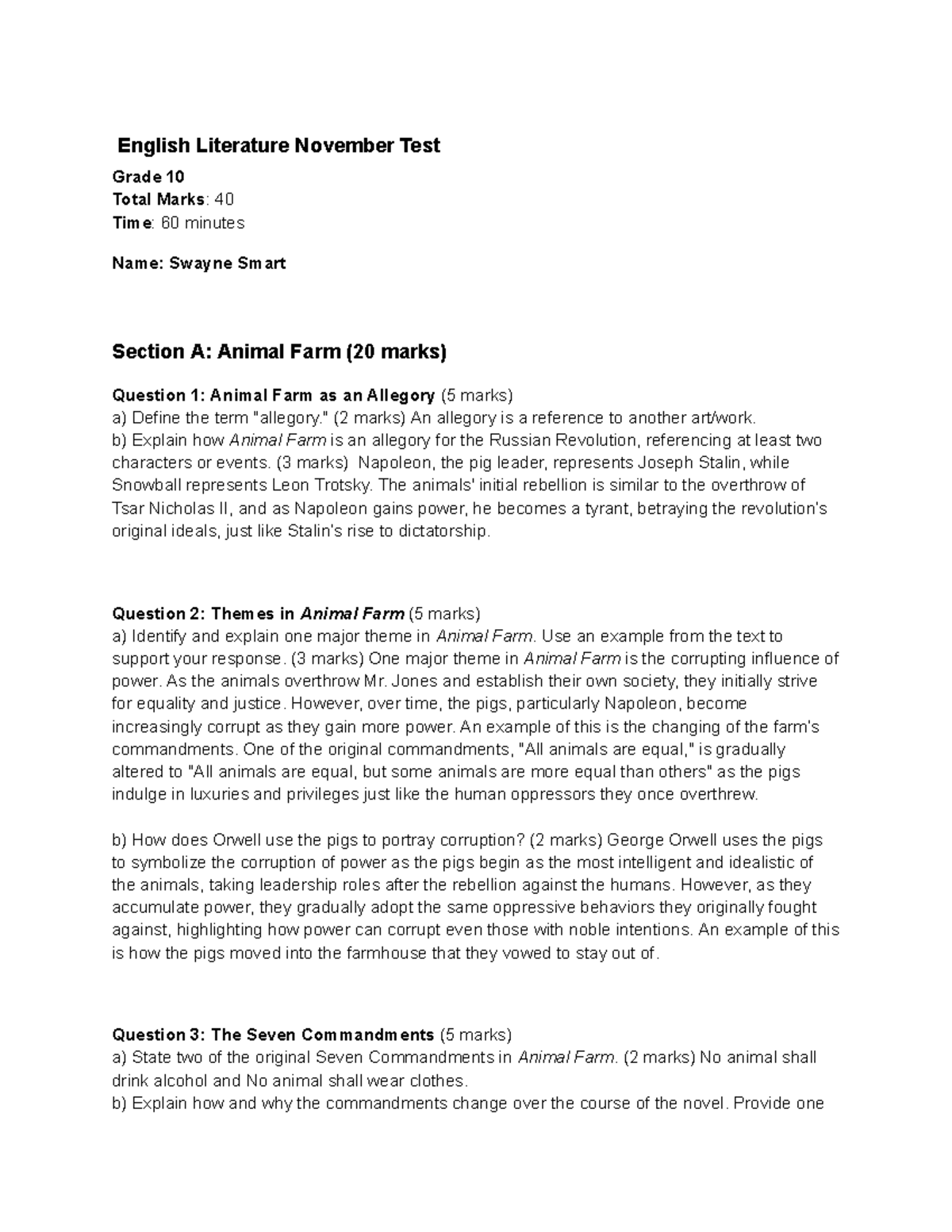 English Literature Grade 10 November Test - English Literature November ...