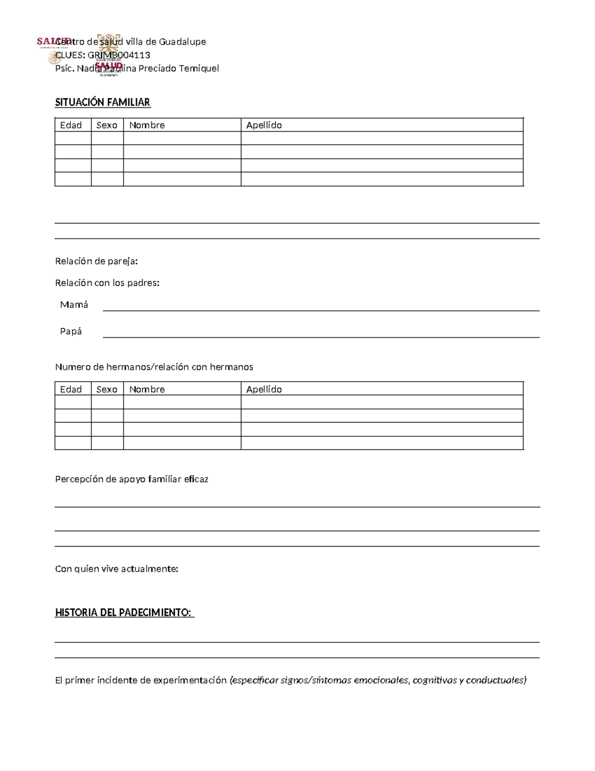 Entrevista Semi Estructurada - Centro de Salud Villa de Guadalupe CLUES ...