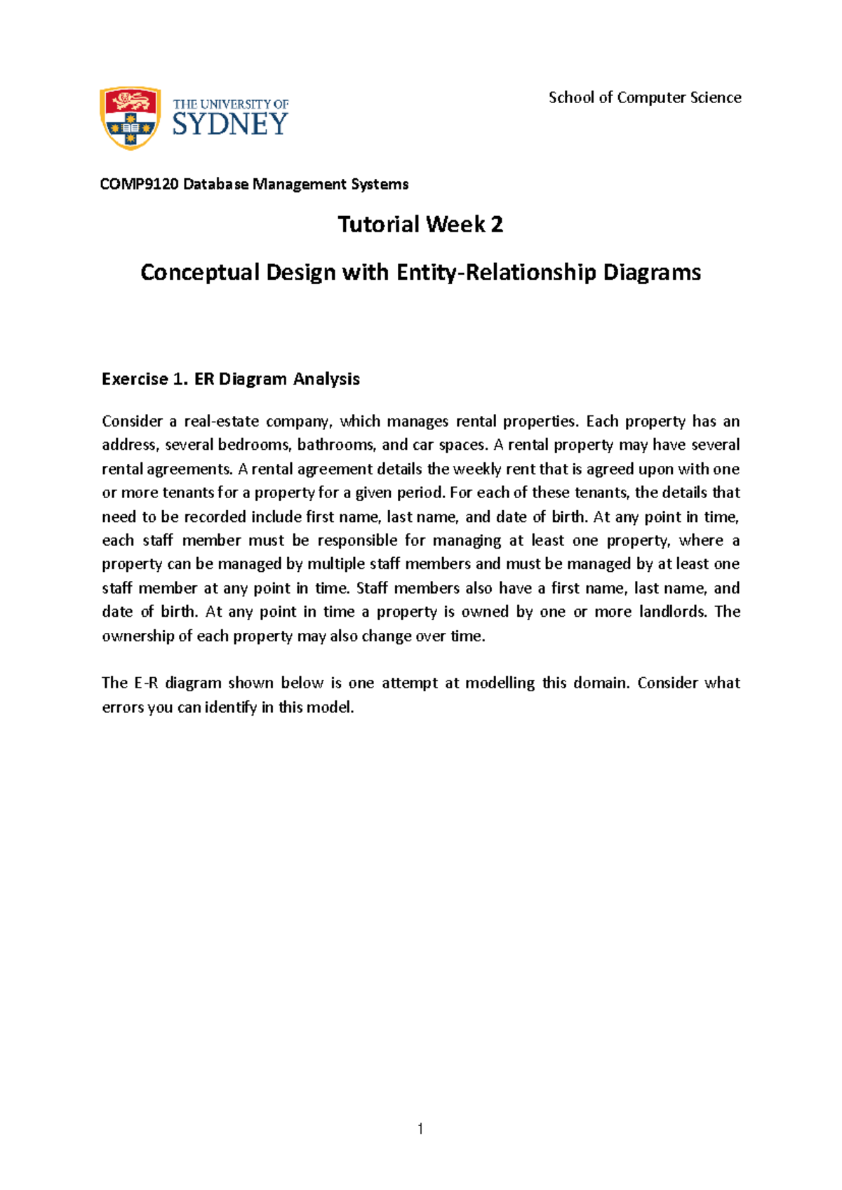 COMP9120 Tutorial W2: ER Diagram Analysis for Rental Properties - Studocu