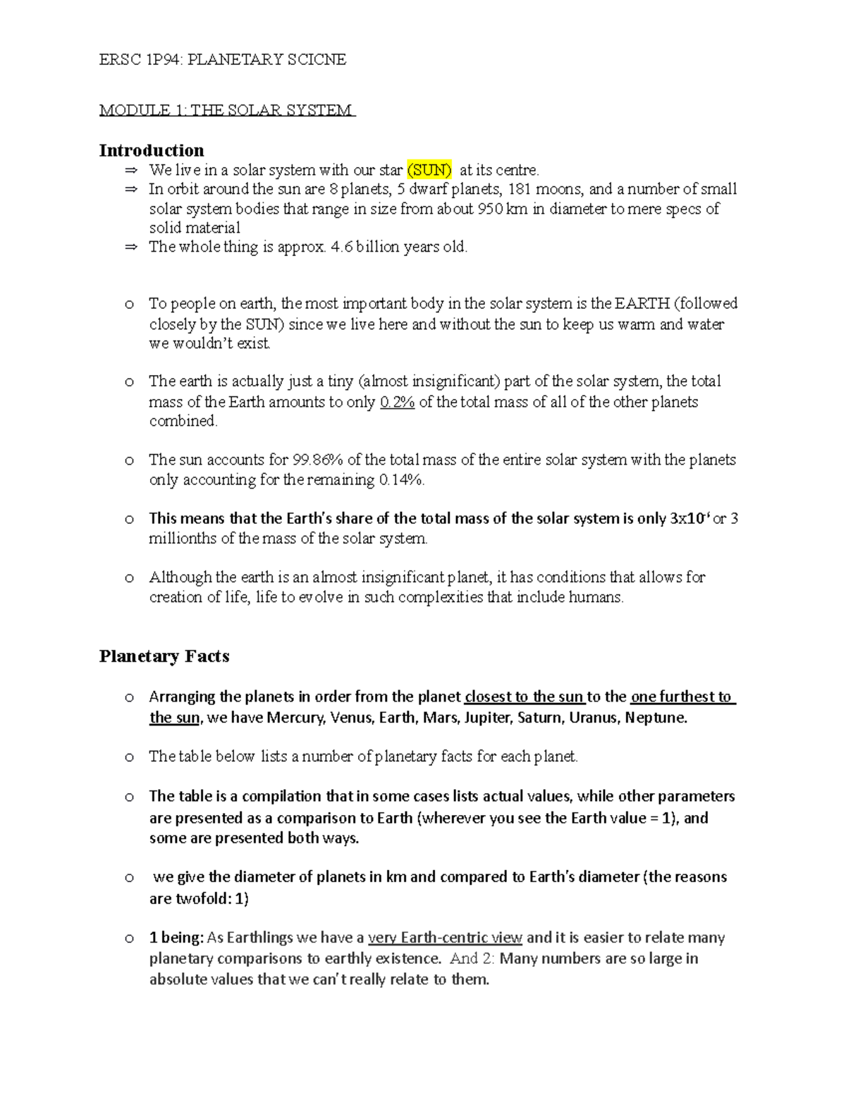 Module 1- THE Solar System - MODULE 1: THE SOLAR SYSTEM Introduction We ...