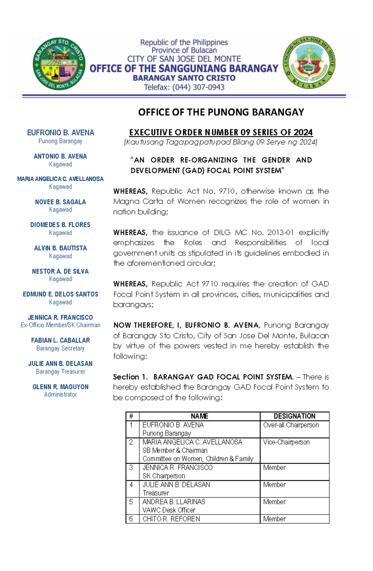 EO 09-2024: Re-Organizing the Gender and Development (GAD) System - Studocu