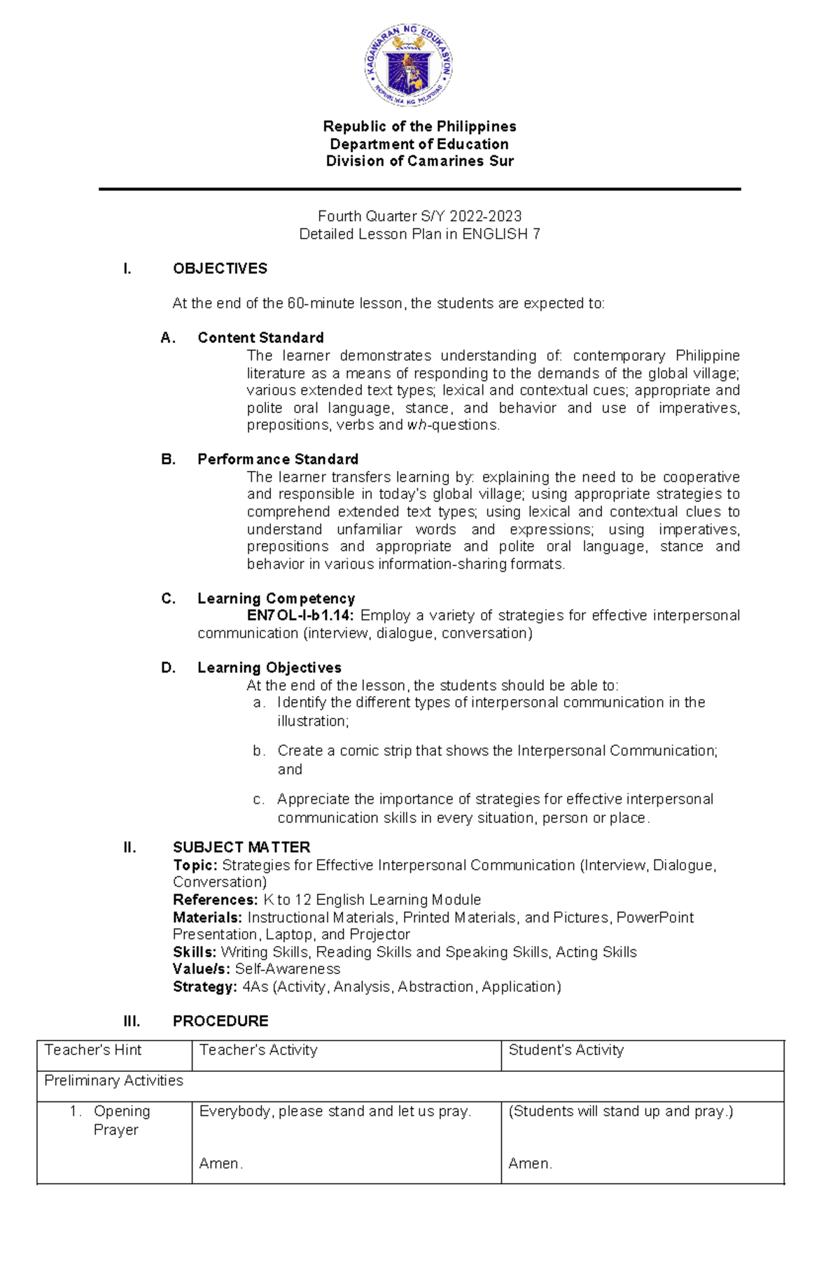 Detailed Lesson Plan: Effective Interpersonal Communication in ENGLISH 7 - Studocu