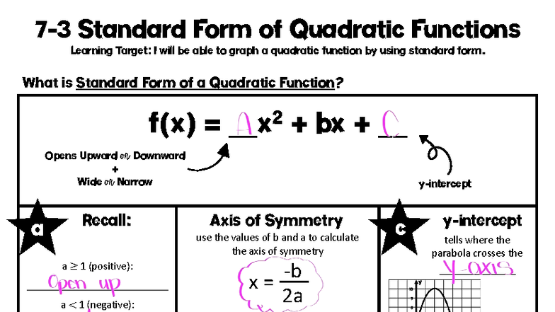 7-3 Notes: Graphing Quadratic Functions in Standard Form - Studocu