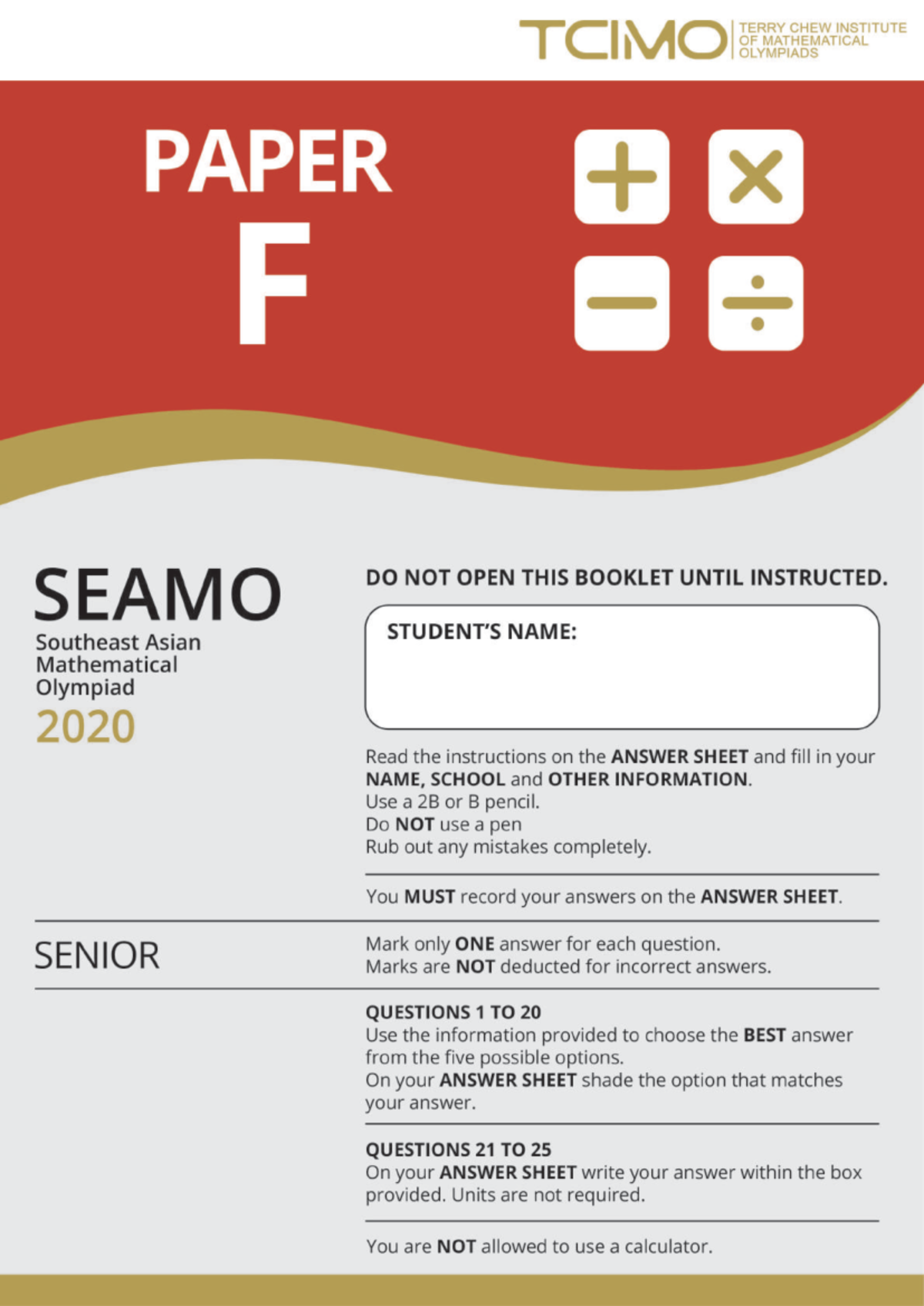 SEAMO 2020 Paper F: Mathematics Multiple-Choice Questions & Answers ...