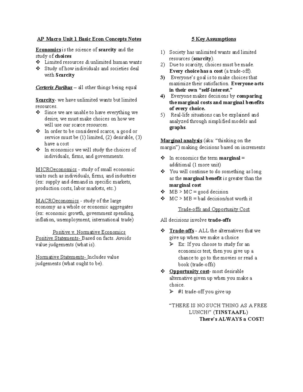 AP Macro Unit 1 Notes - AP Macro Unit 1 Basic Econ Concepts Notes ...