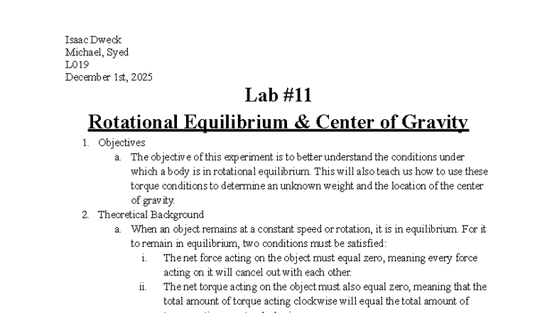 PHYS 1433 Lab #11 - Rotational Equilibrium & Center of Gravity - Studocu