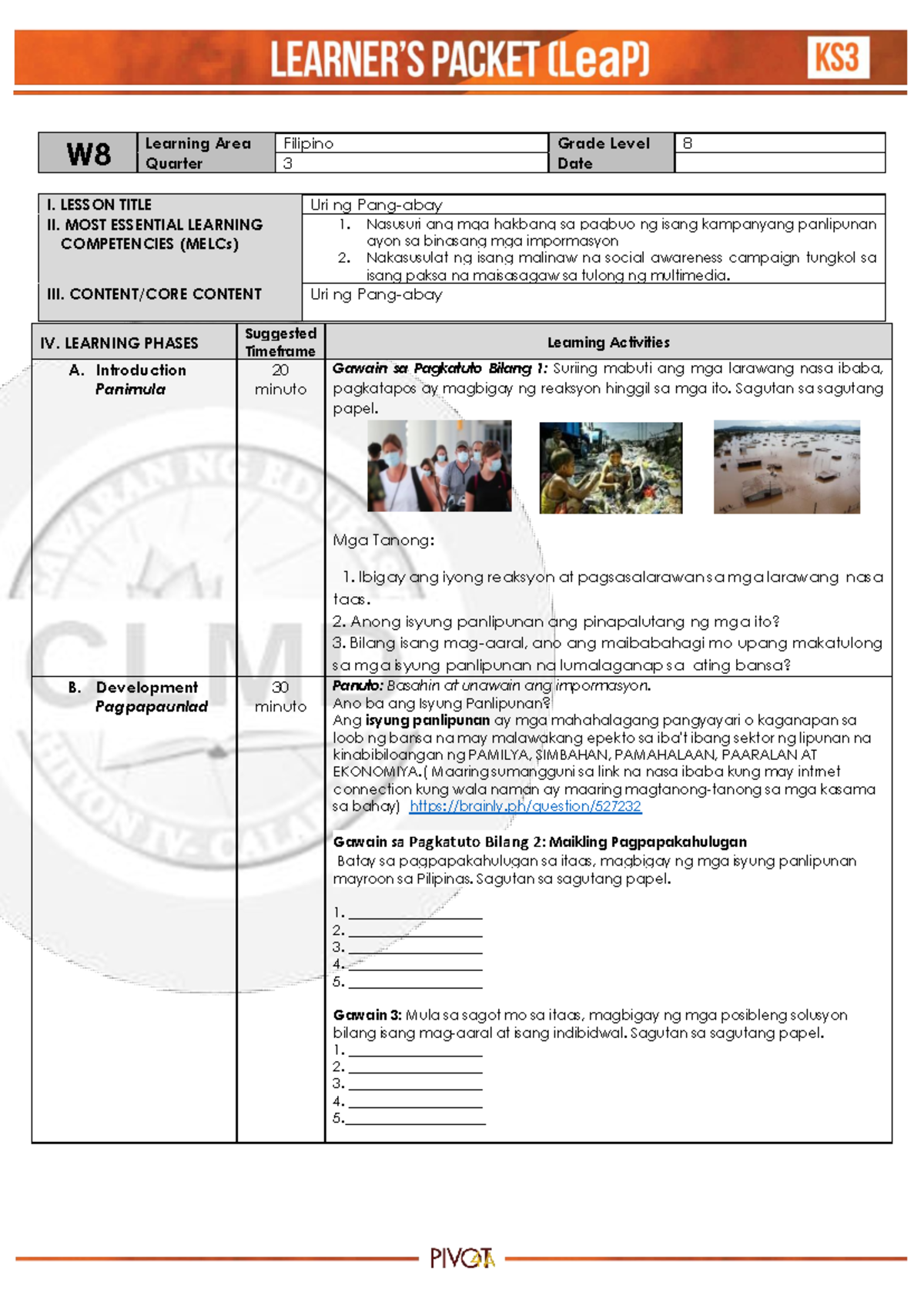Lea P-Filipino-G8-Week 8-Q3 - W 8 Learning Area Filipino Grade Level 8 ...