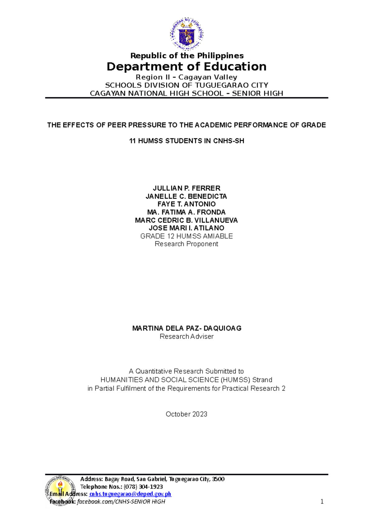 The Effects of Peer Pressure on Grade 11 HUMSS Students' Performance ...
