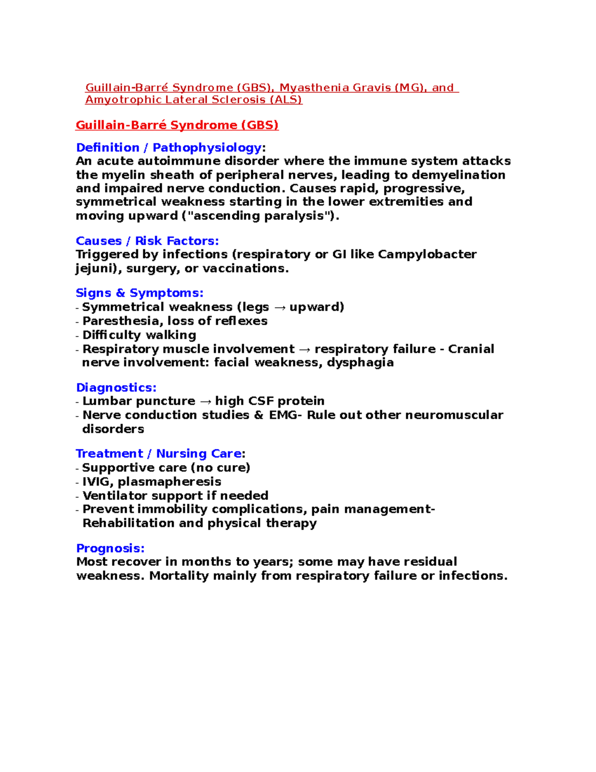 GBS, MG, and ALS: Definitions, Pathophysiology, and Care - Studocu