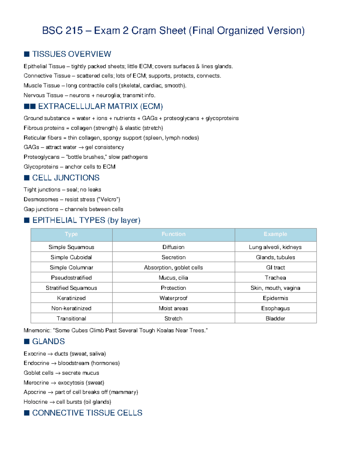 BSC 215 Exam 2 Cram Sheet: Comprehensive Tissue Overview - Studocu