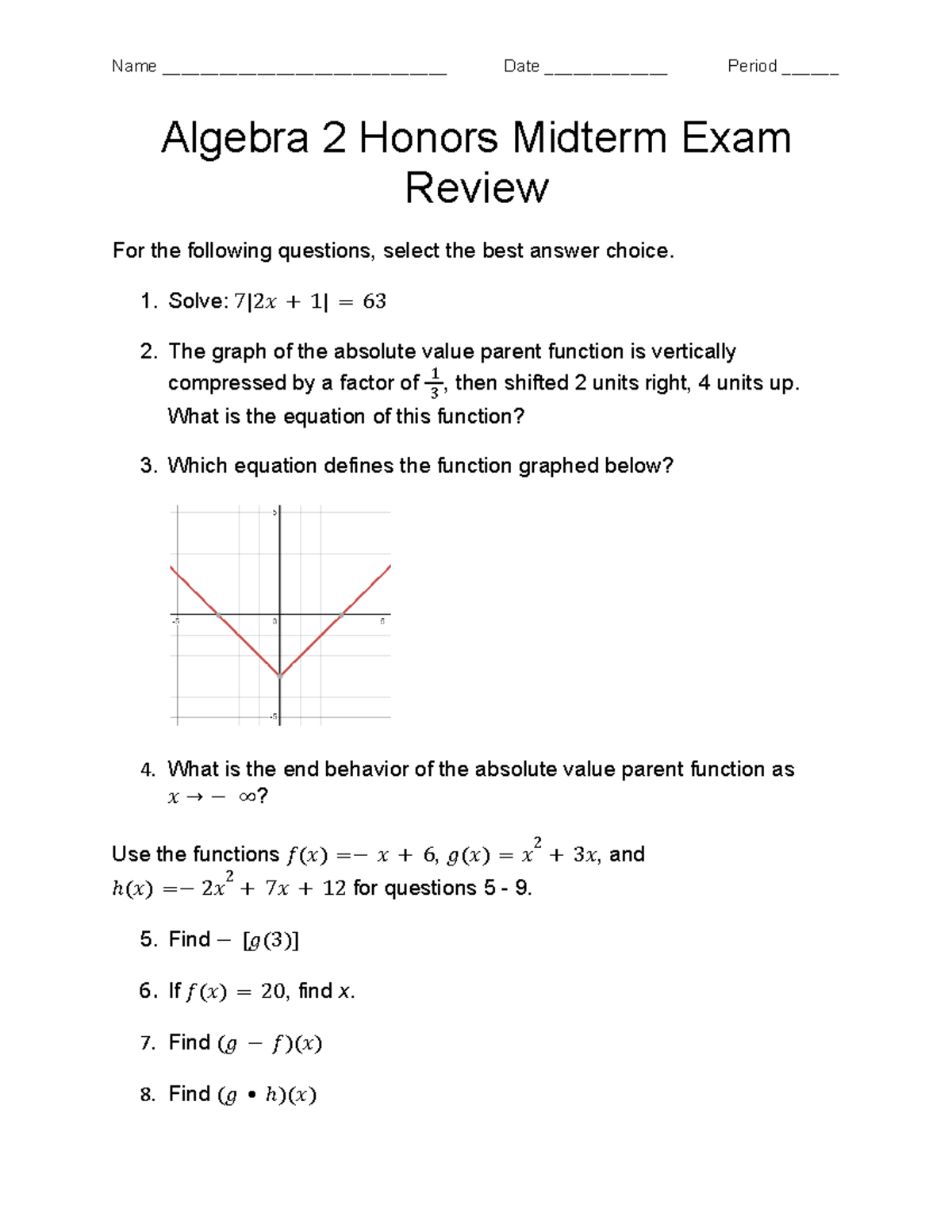 Algebra 2 Honors Midterm Review (2024-25) Study Guide - Studocu