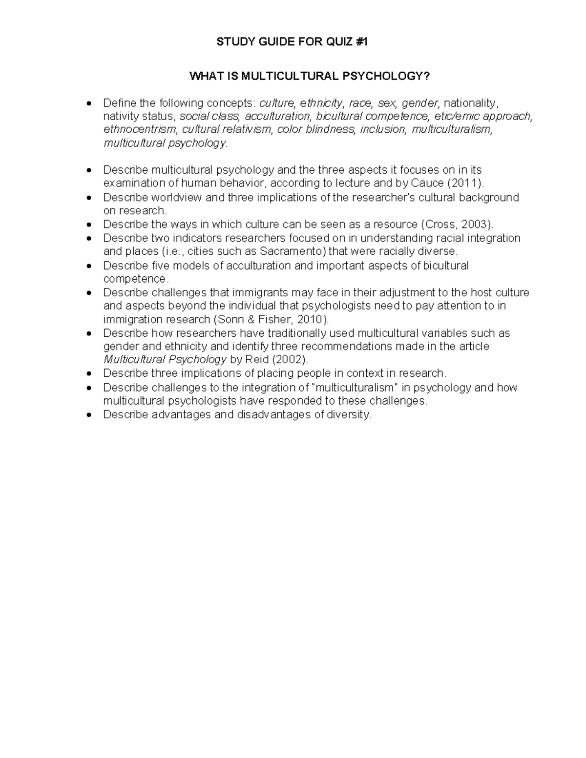 Study Guide Mod#1 (SUM23) - STUDY GUIDE FOR QUIZ WHAT IS MULTICULTURAL ...