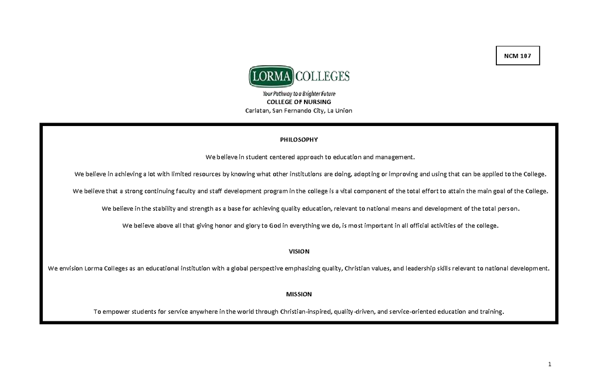 Lorma Colleges NCM 107 Nursing Syllabus and Program Overview - Studocu