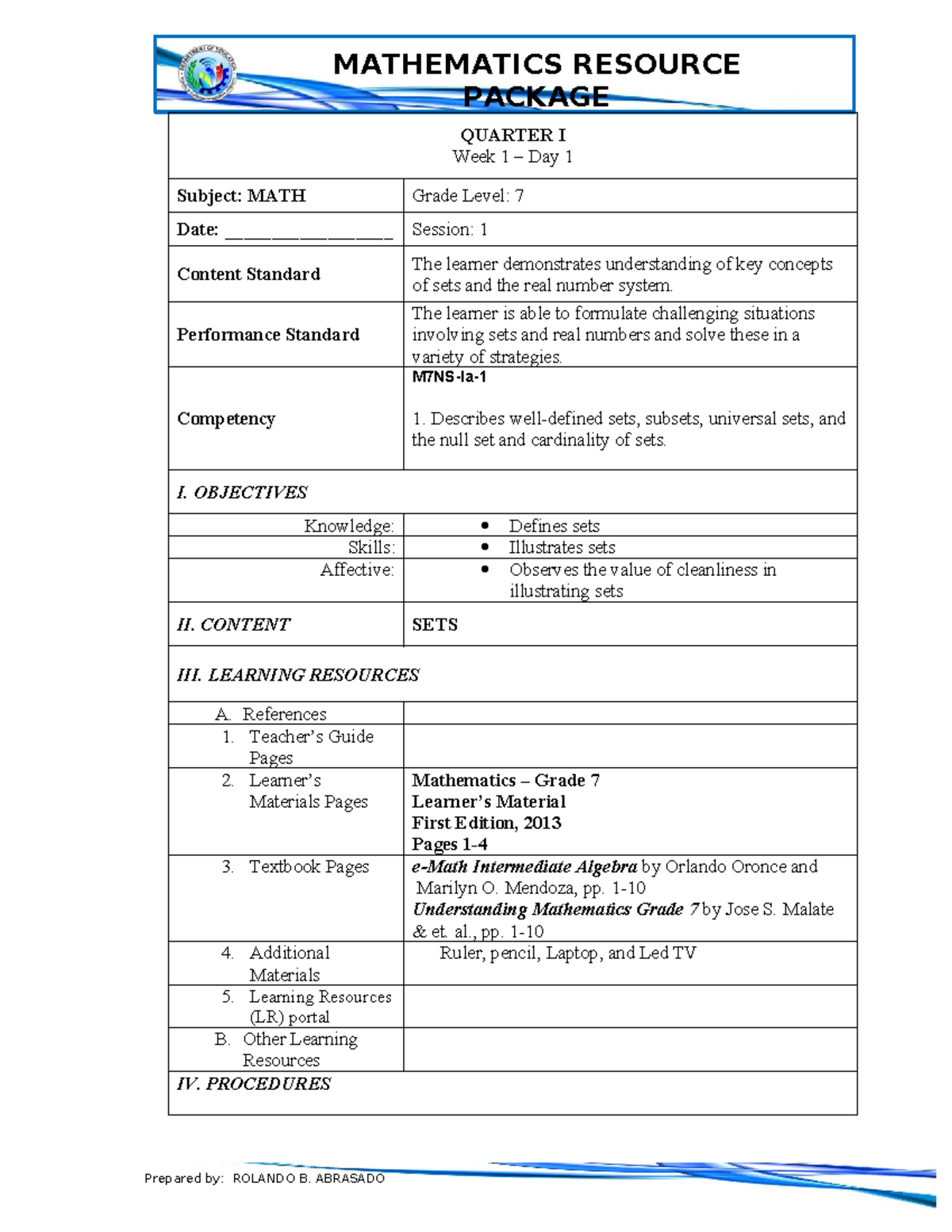 MATHEMATICS RESOURCE PACKAGE GRADE 7: SETS INTRODUCTION (W1D1) - Studocu