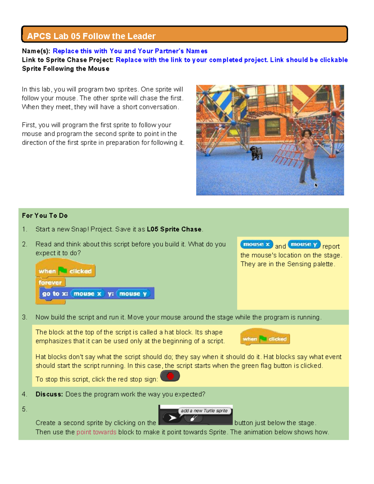 APCS Lab 05: Sprite Chase Project Instructions and Guidelines - Studocu