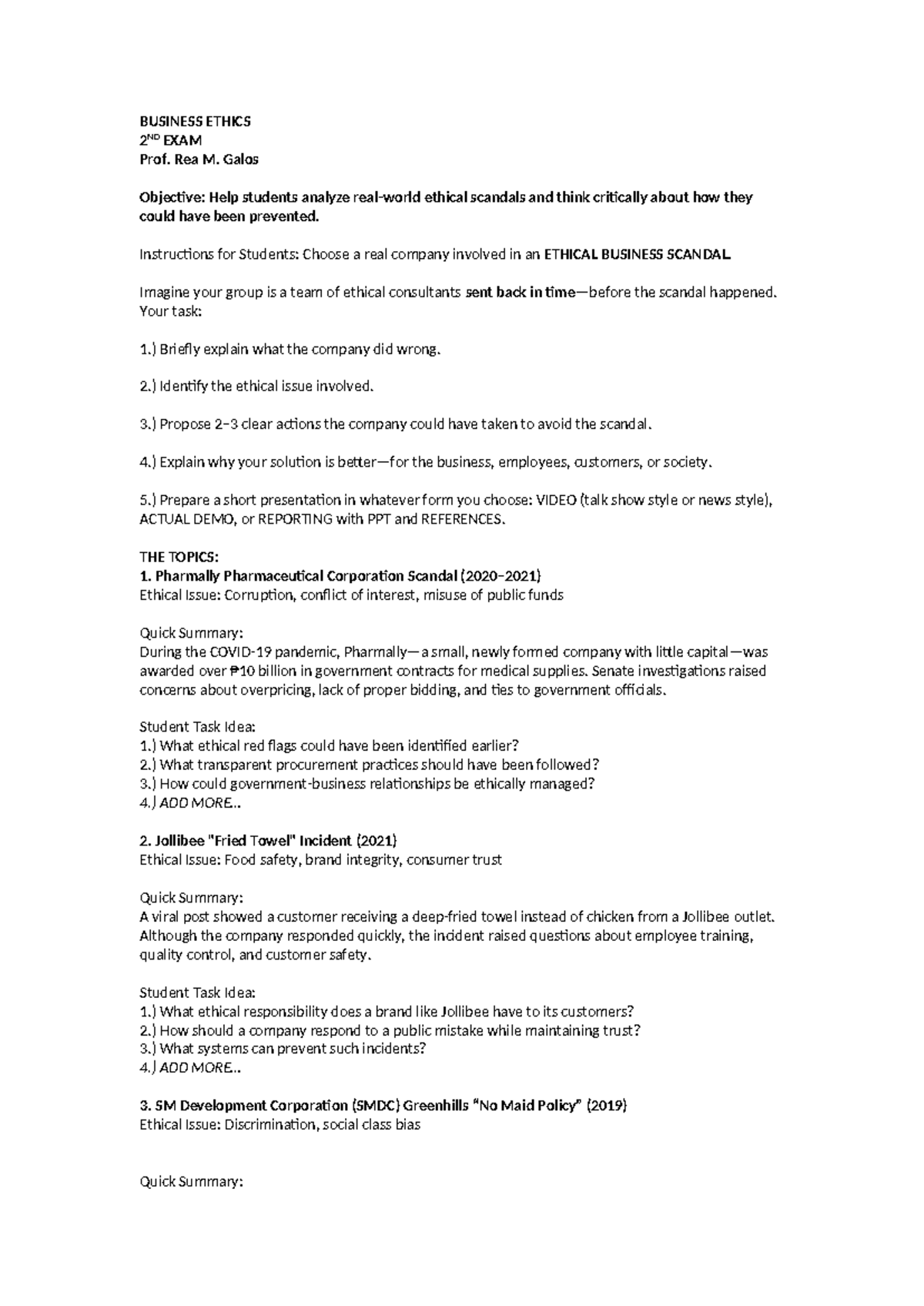 GE9 BUSINESS ETHICS 2ND EXAM: Analyzing Ethical Scandals - Studocu