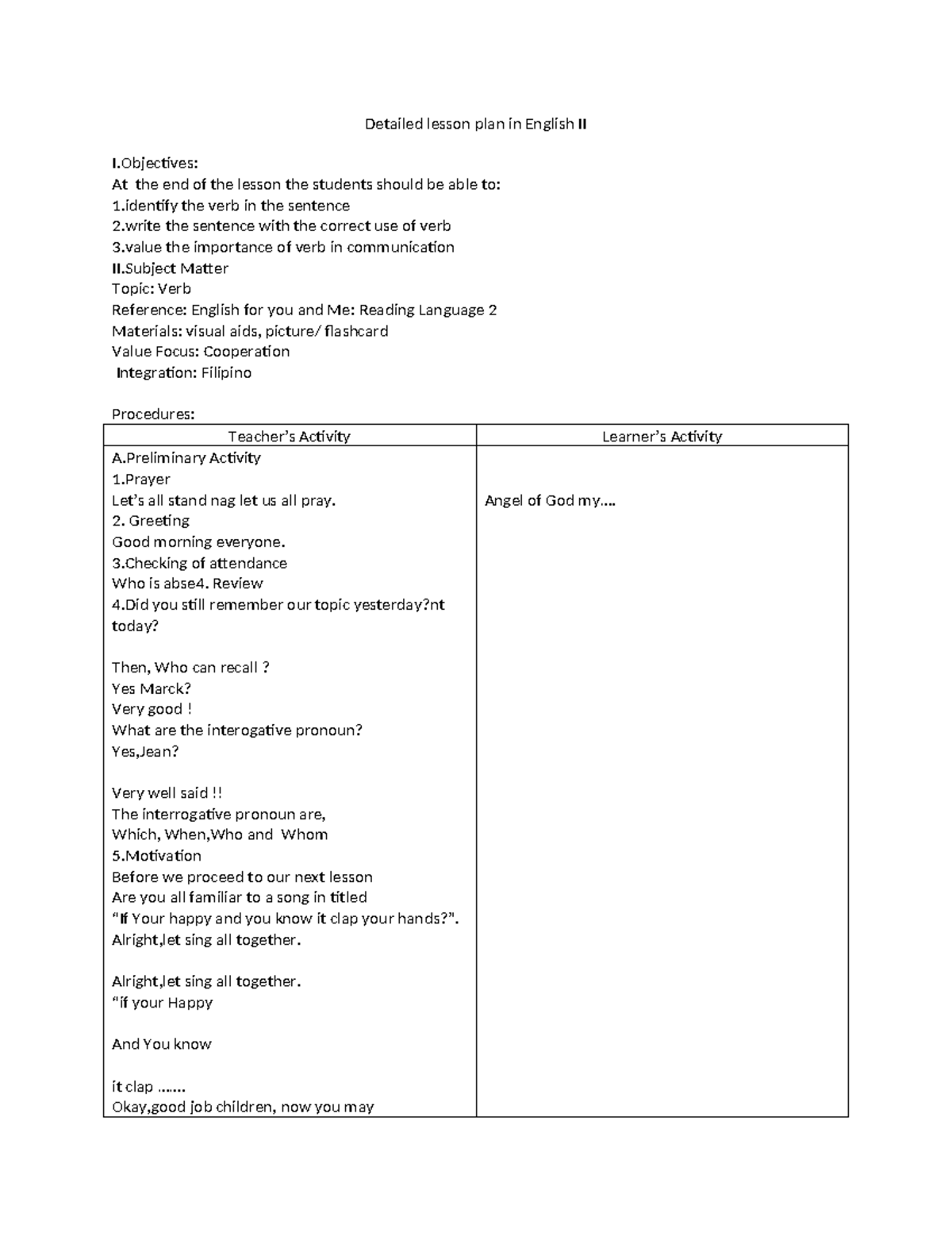 English II Detailed Lesson Plan: Understanding Verbs and Their Use ...