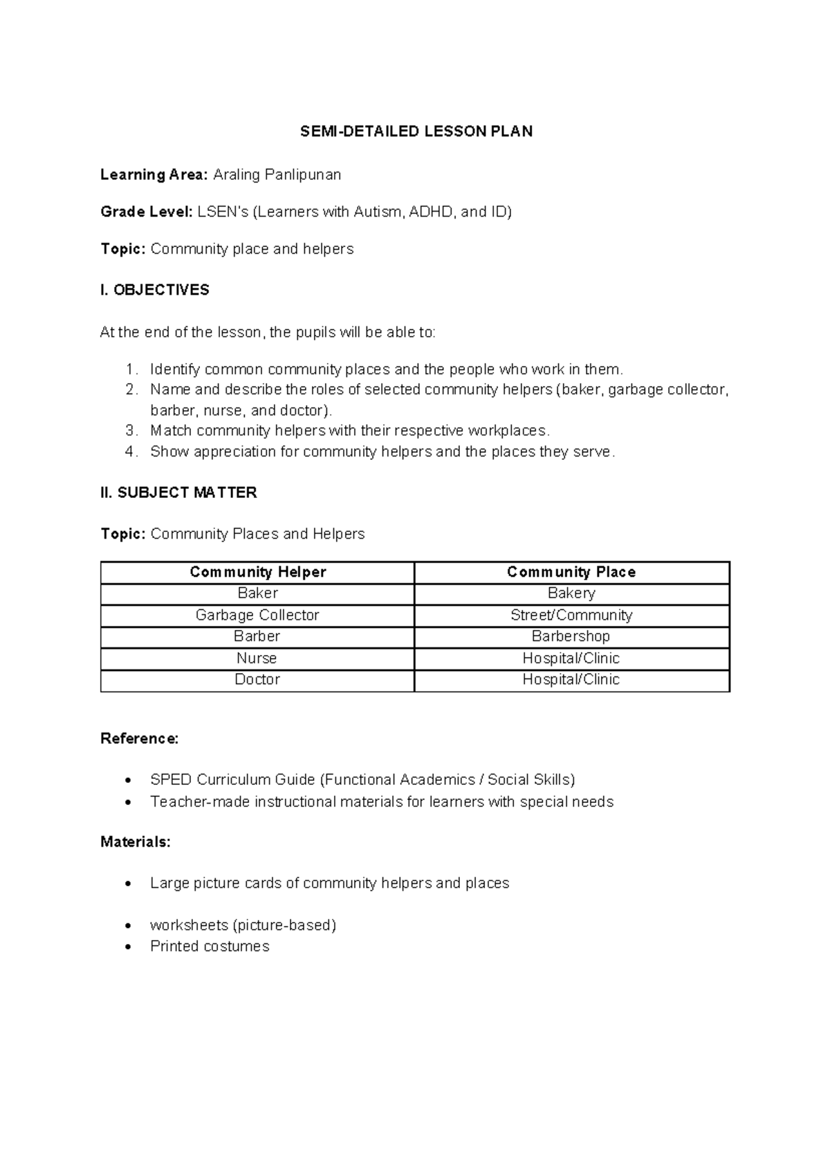 Semi-Detailed Lesson Plan: Community Places & Helpers for SPED Learners ...