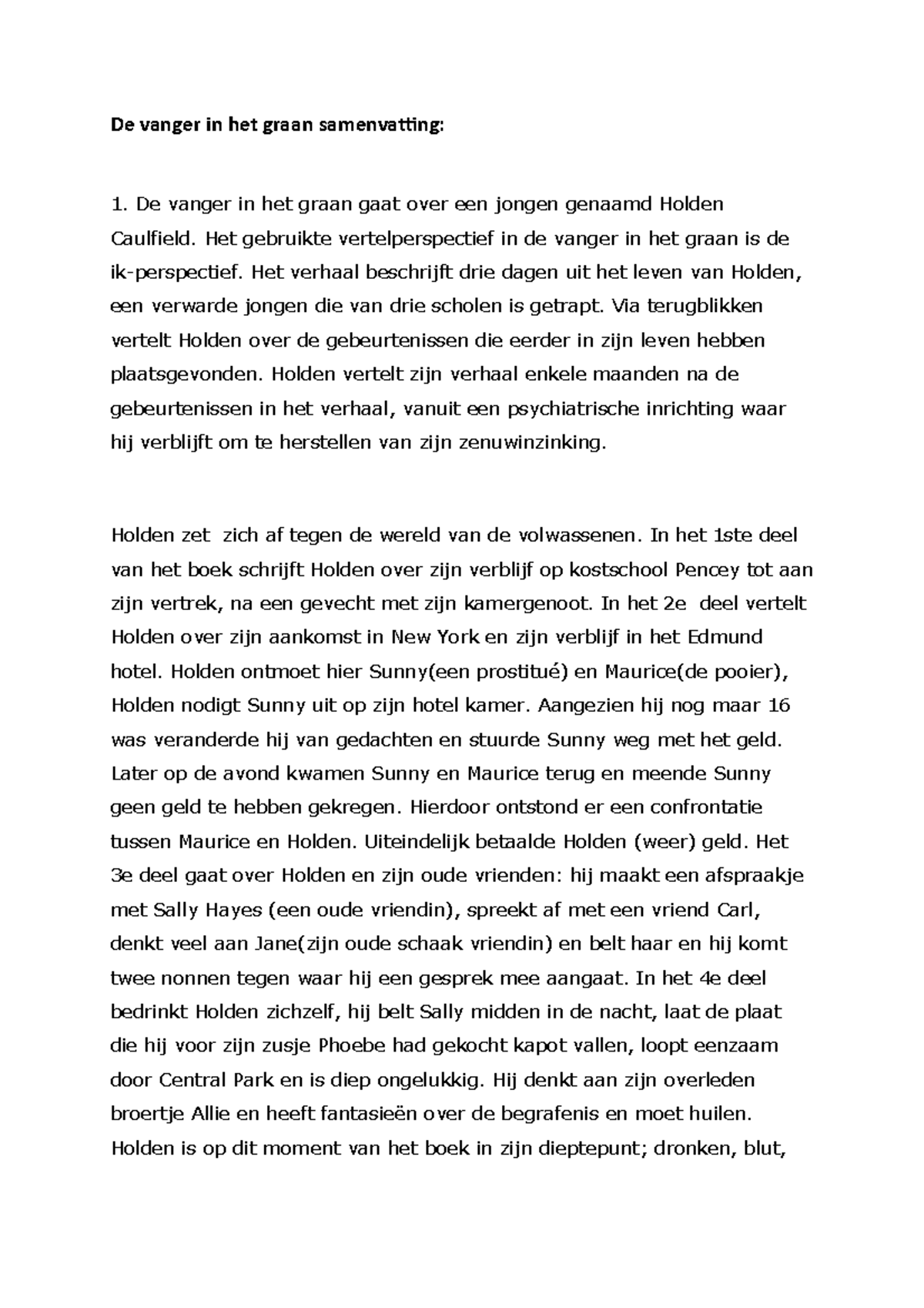 Samenvatting van "De vanger in het graan" - Lit. Analyse ...