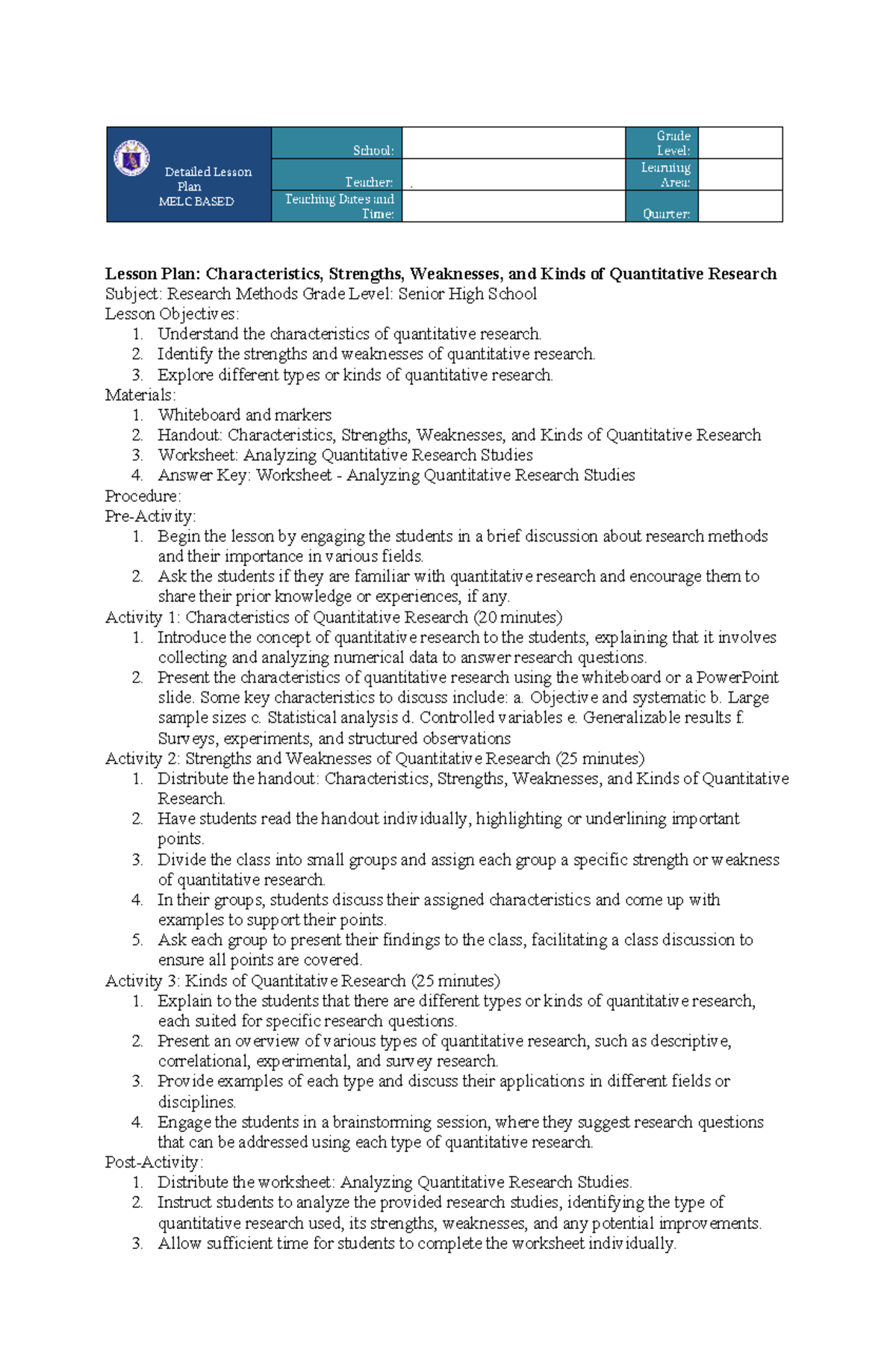 **Practical Research 2 Q2 Detailed Lesson Plans on Quantitative ...
