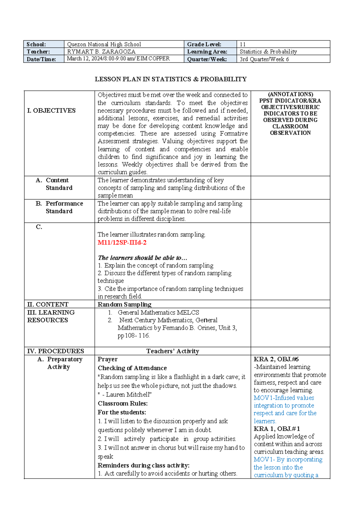 Statistics and Probability Lesson Plan: Random Sampling (M11/12SP-IIId ...