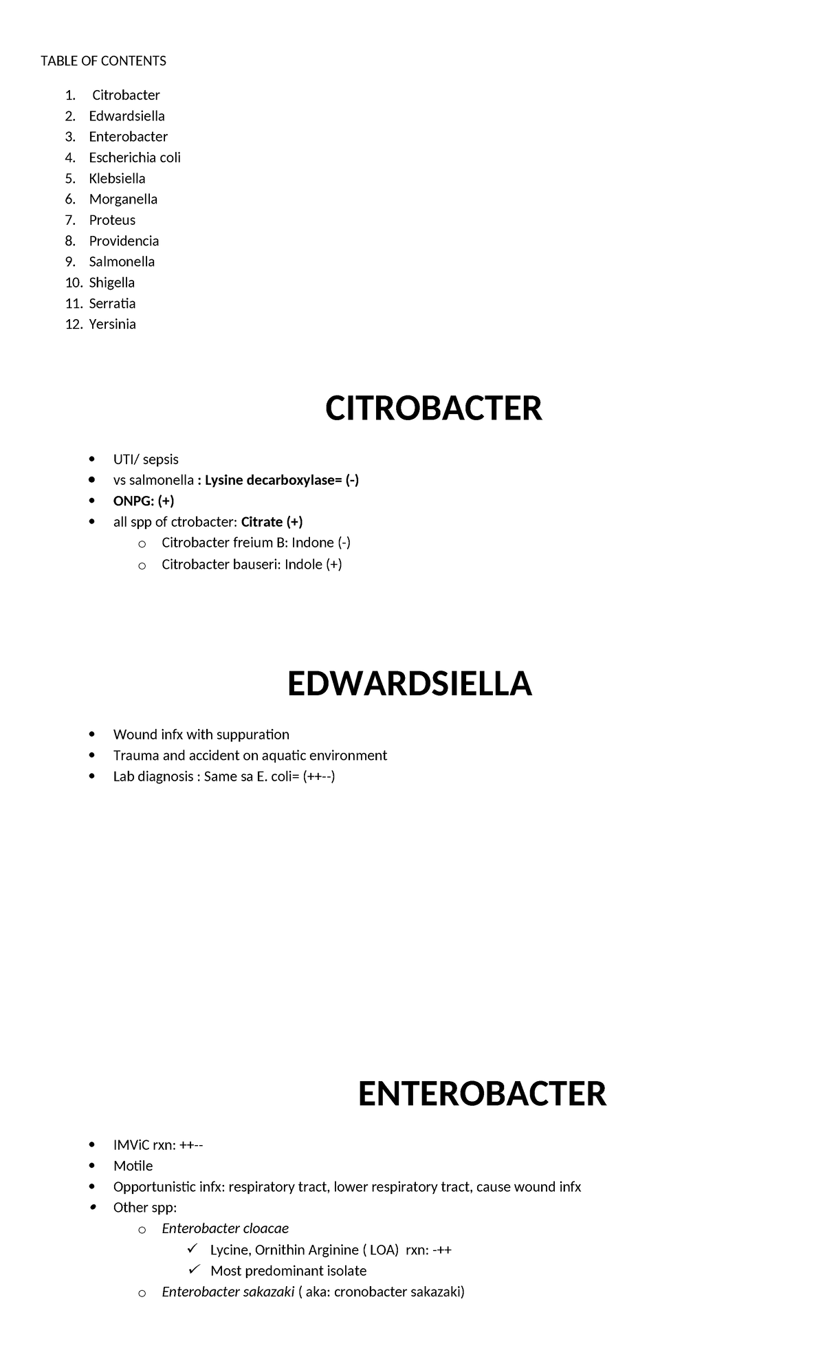 Bacte Part 2 and 3 - notes - TABLE OF CONTENTS 1. Citrobacter 2 ...