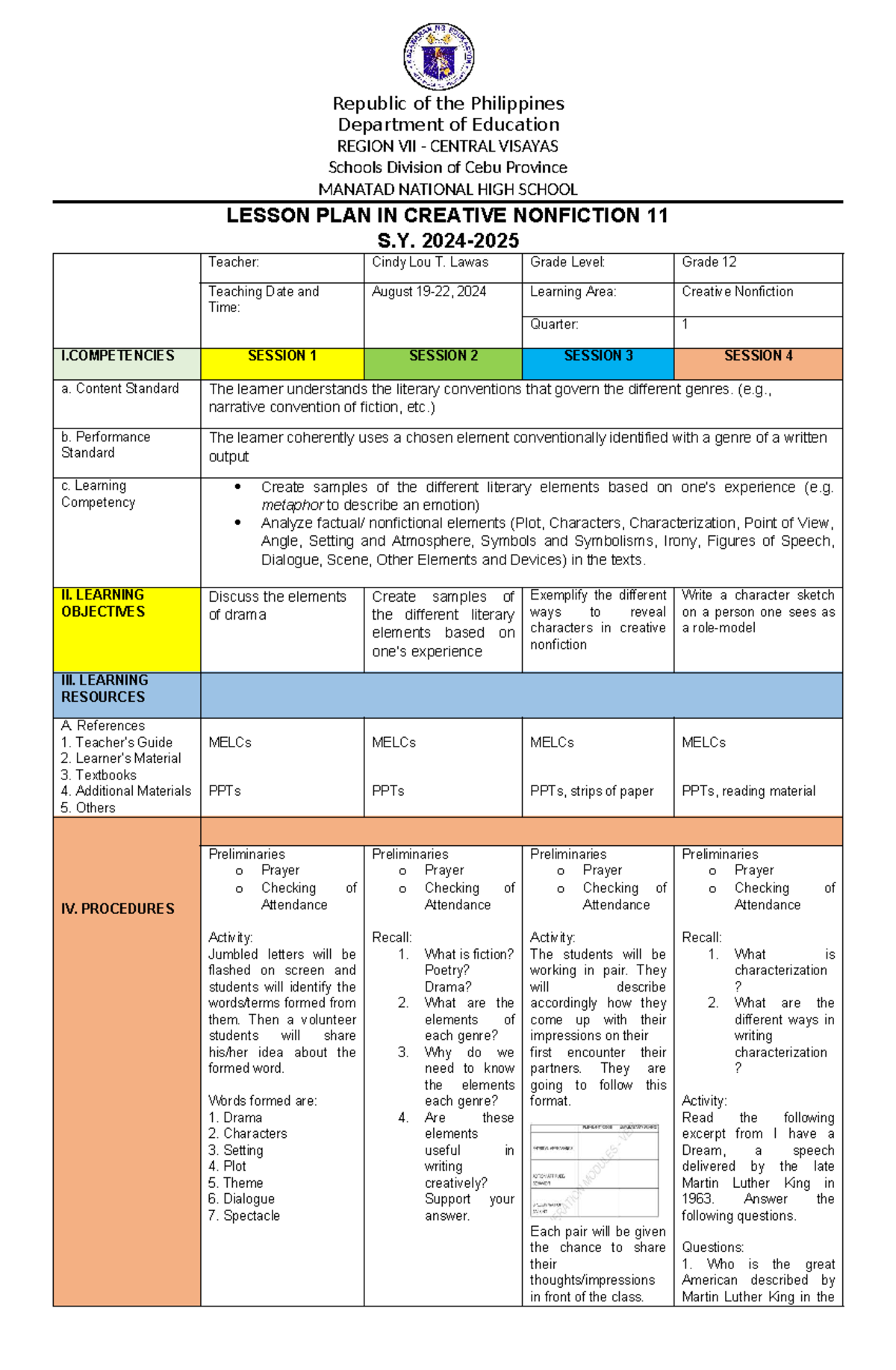 DLP CNF 4 - Lesson Plan for Creative Nonfiction 11 - Studocu