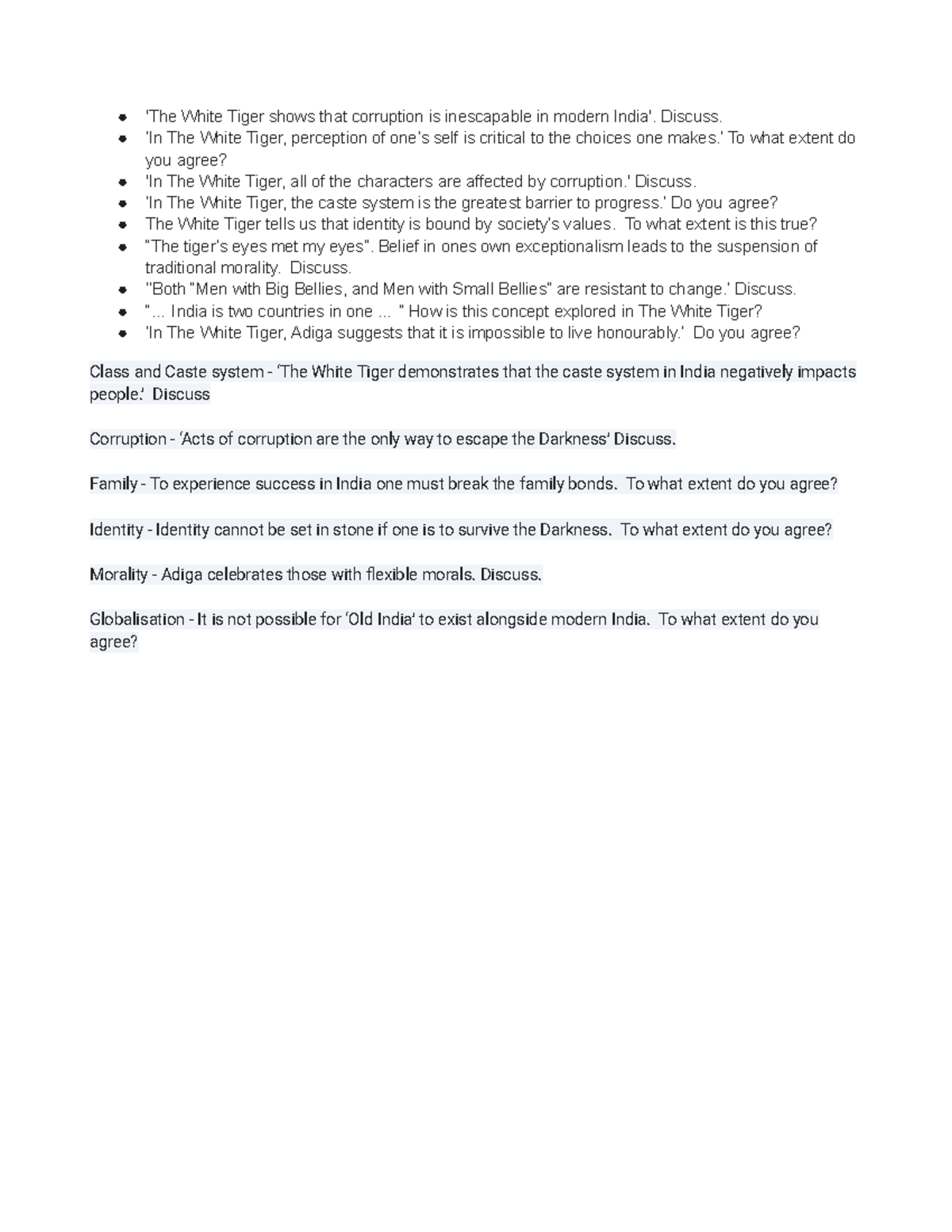 Practice Prompts for The White Tiger: Exploring Corruption and Identity ...