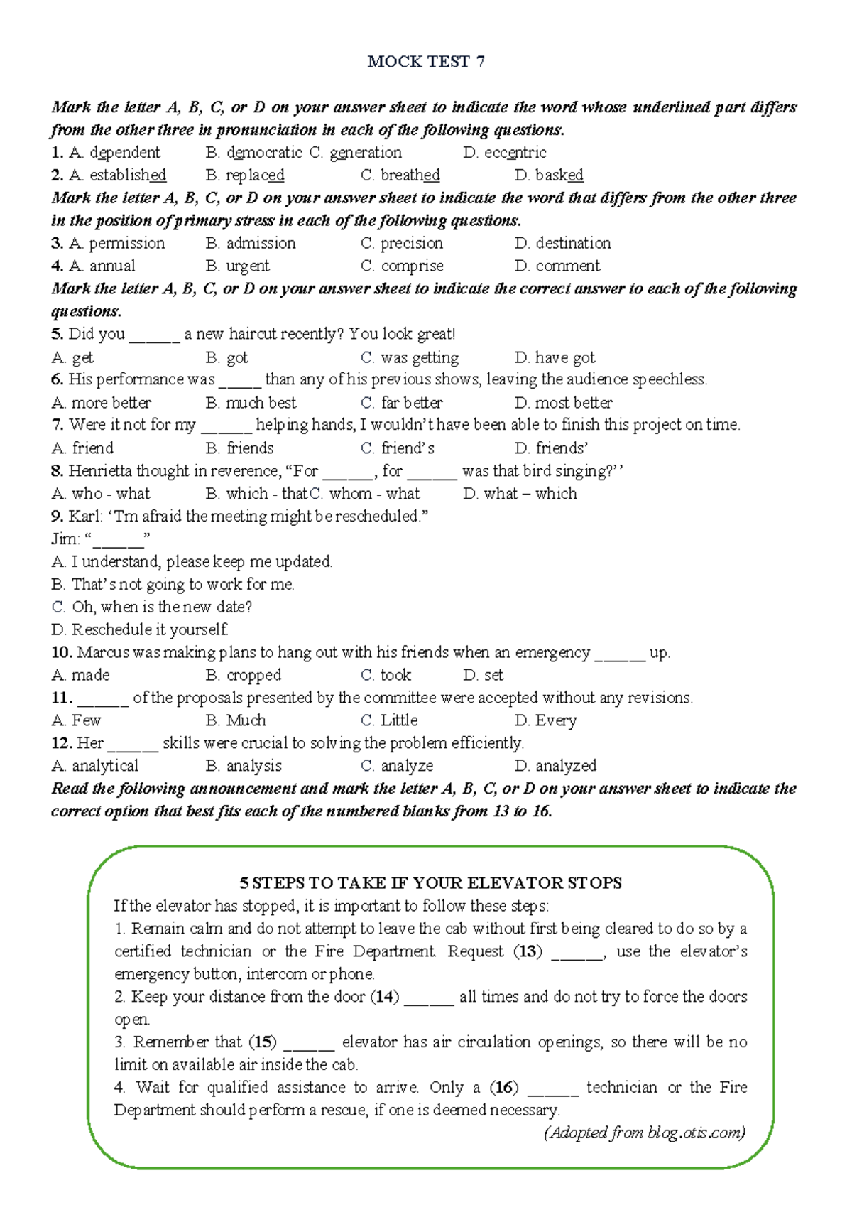 MOCK TEST 7 - Pronunciation and Stress Patterns in English - Studocu