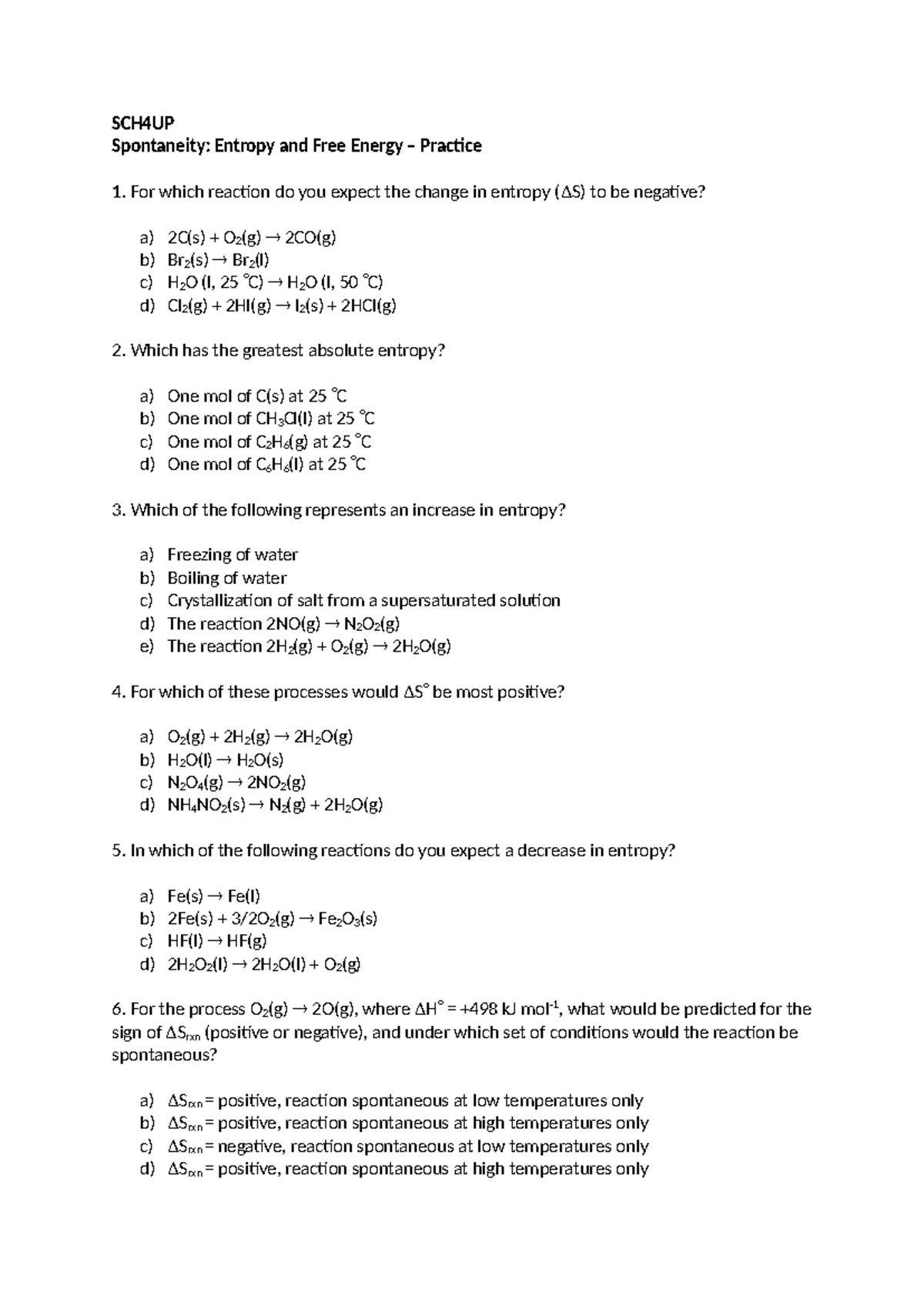 SCH4UPa - Chapter 17 - Entropy and Free Energy - Practice Questions ...