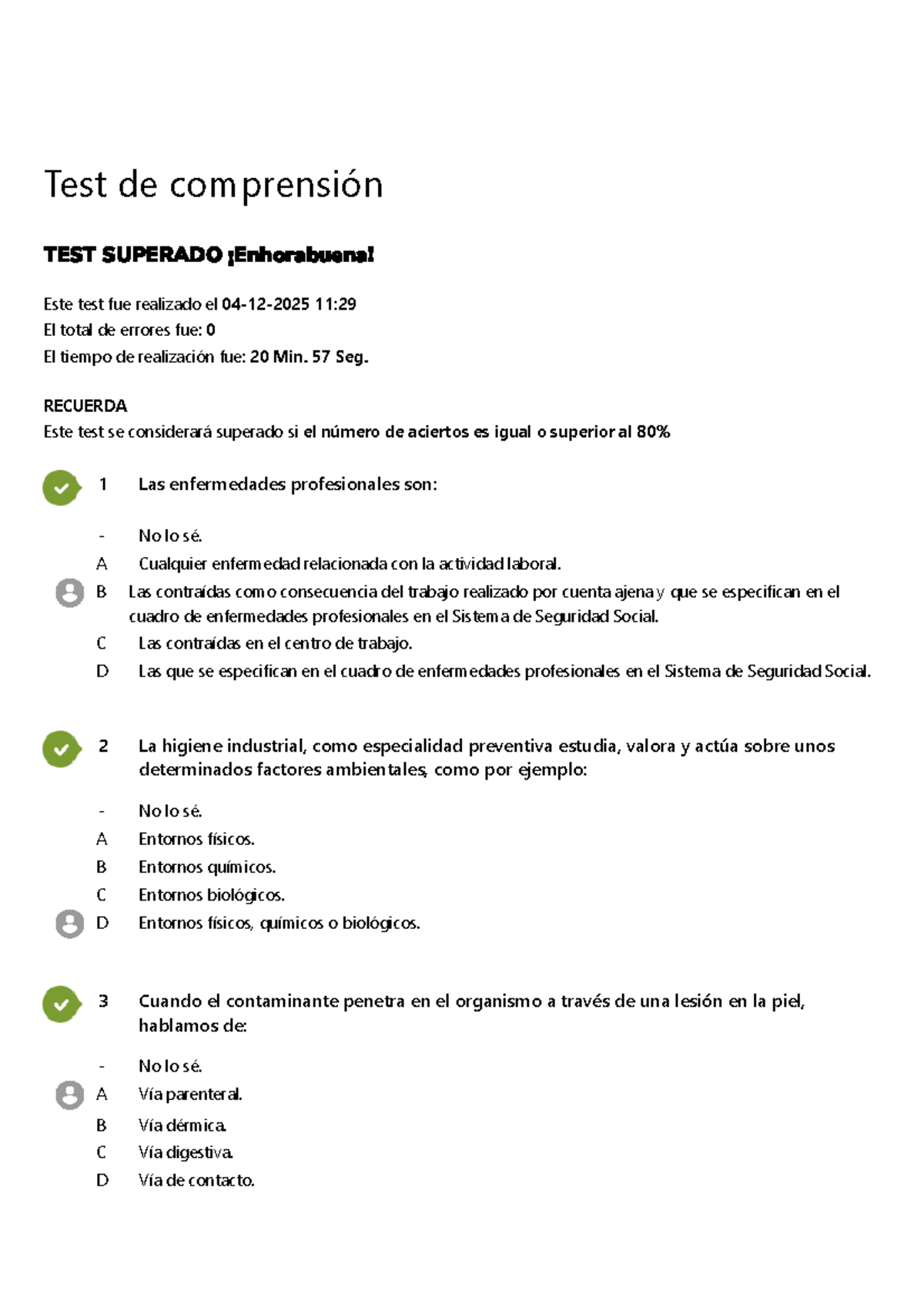 Resultado del Test de Comprensión - Curso de Higiene Industrial - Studocu