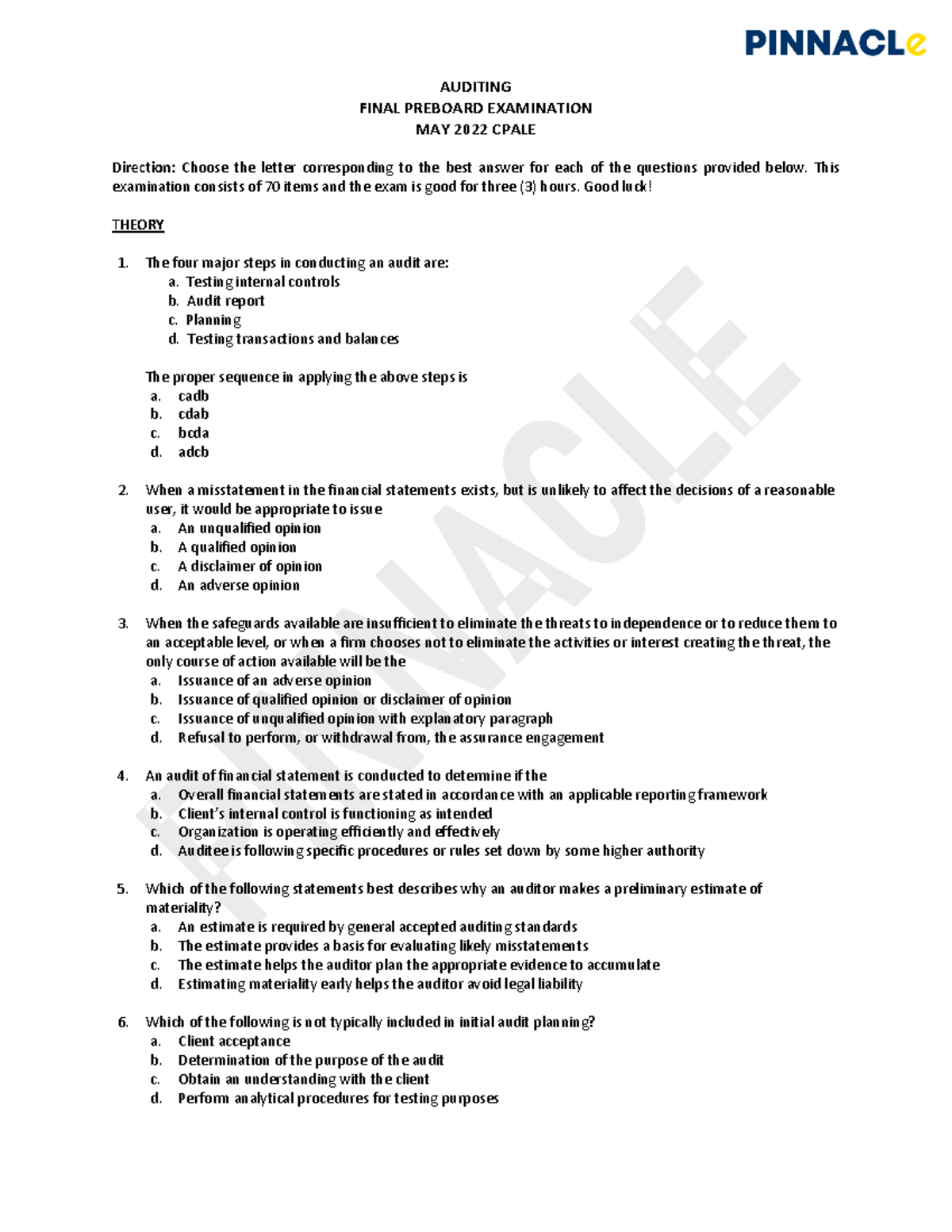 Pinnacle AUD Final Preboard Exam Questions - May 2022 CPALE - Studocu