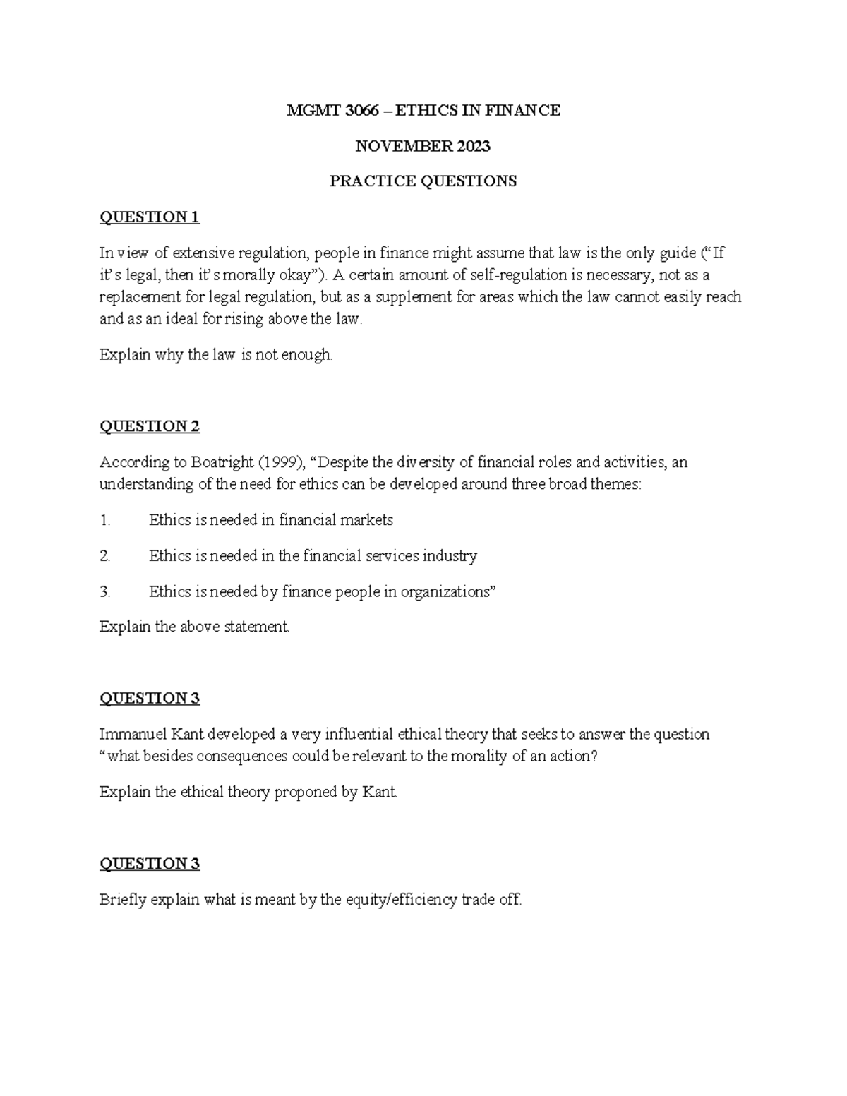 MGMT 3066 - Ethics in Finance Practice Questions - Nov 2023 - Studocu