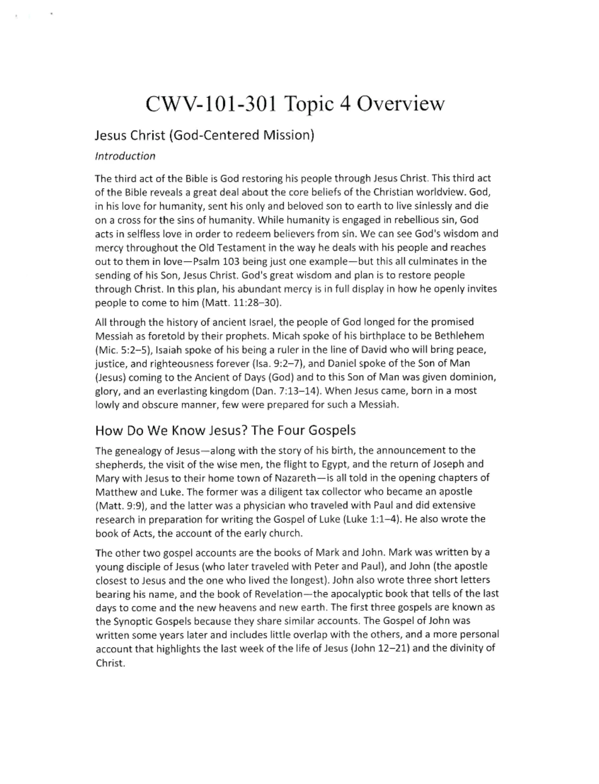CWV-101 Topic 2 Quiz: Understanding God's Sovereignty & Creation - Studocu
