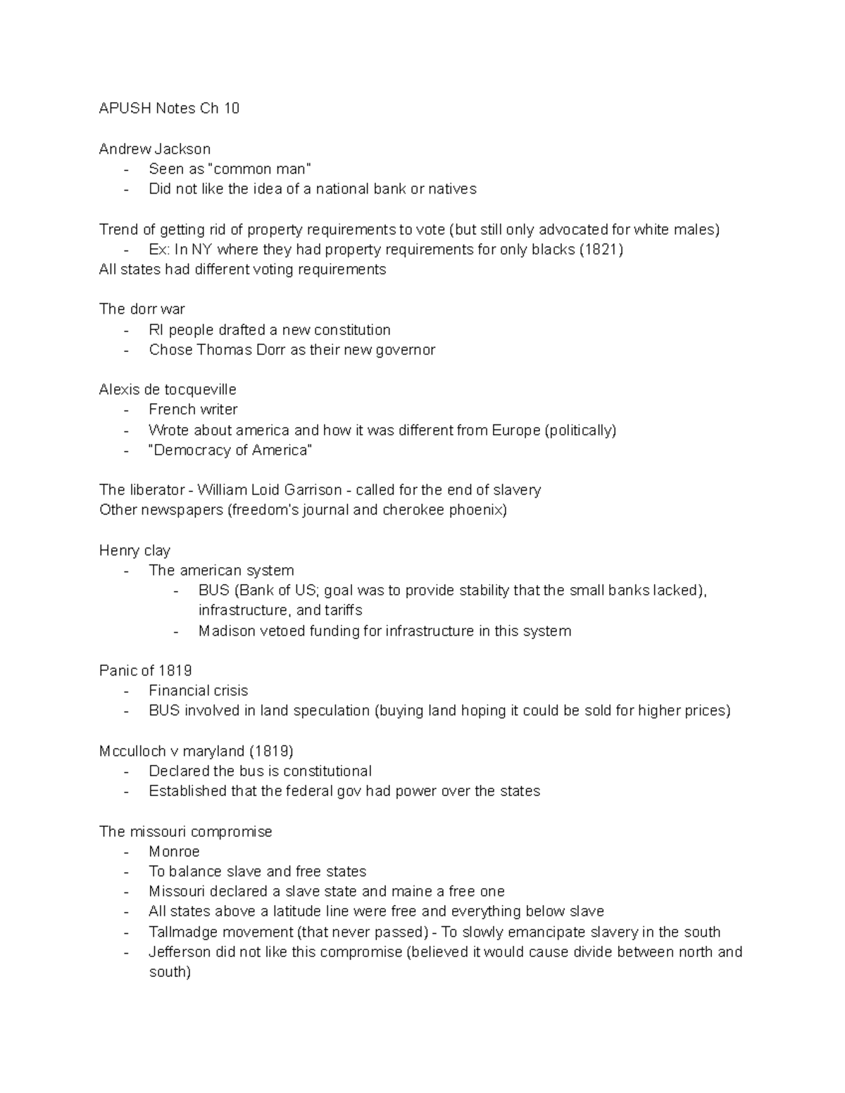 APUSH Notes Ch 10 - Foner: Andrew Jackson and the Era of Change - Studocu