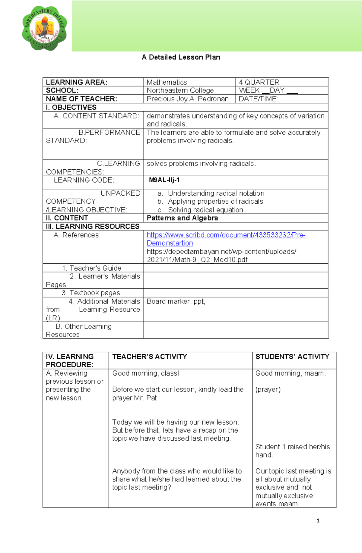 Northeastern College, Inc. Detailed Lesson Plan on Radicals - Final ...