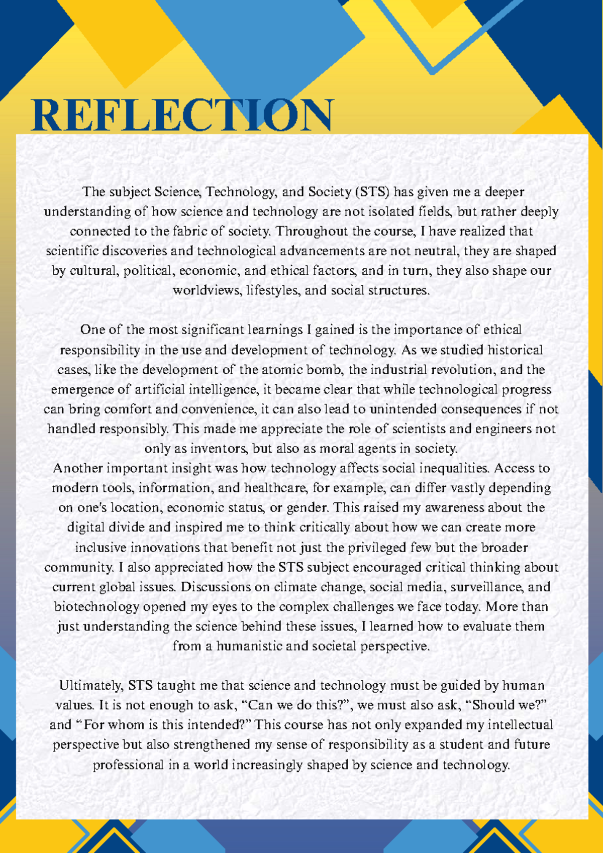 Reflection on Science, Technology, and Society (STS) Course Insights ...