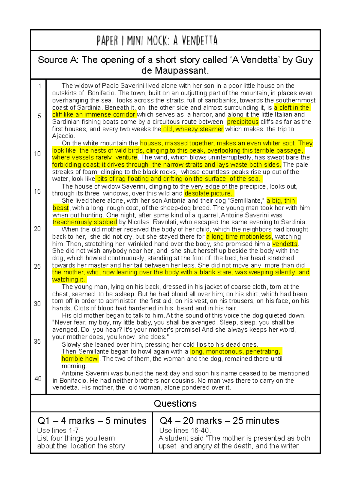 ENG403 Paper 1 Mini Mock: Analysis of 'A Vendetta' by Maupassant - Studocu