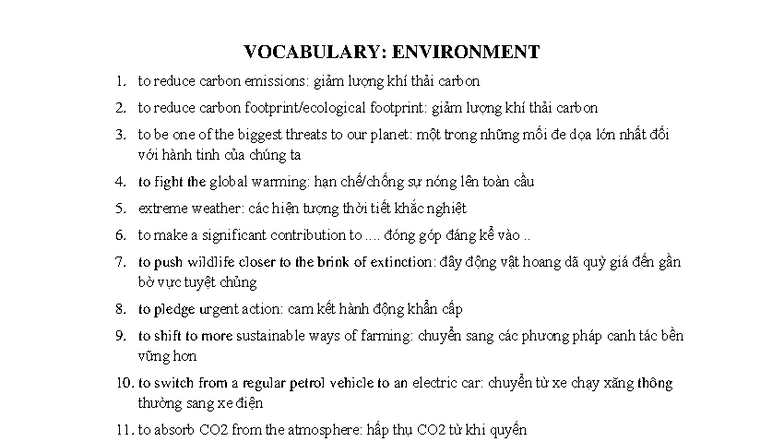 VOCABULARY: ENVIRONMENT - Key Terms and Phrases for Study - Studocu