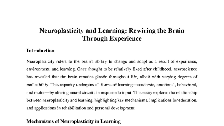 Neuroplasticity and Learning: Insights for Education and Development ...