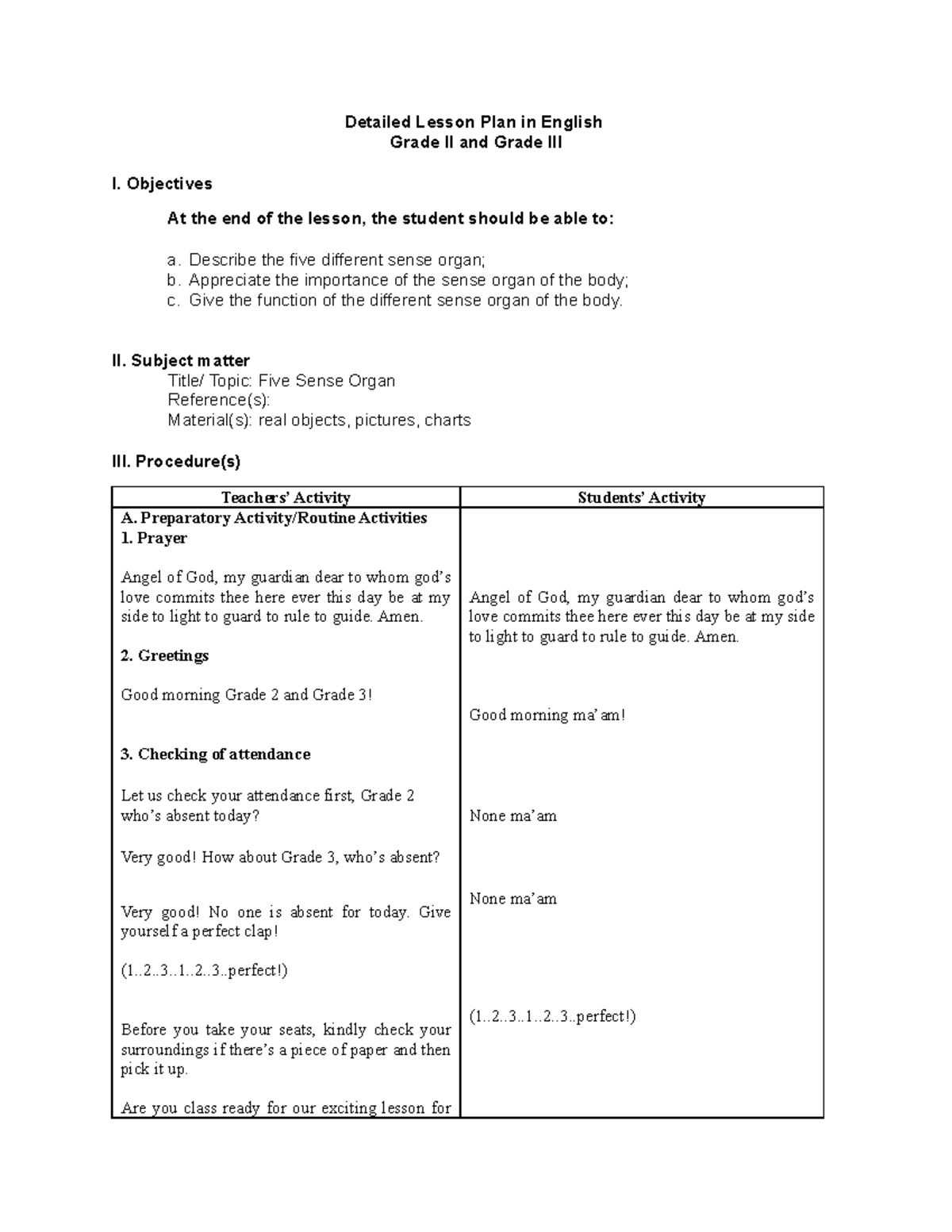 Grade II & III Lesson Plan: Exploring the Five Sense Organs - Studocu