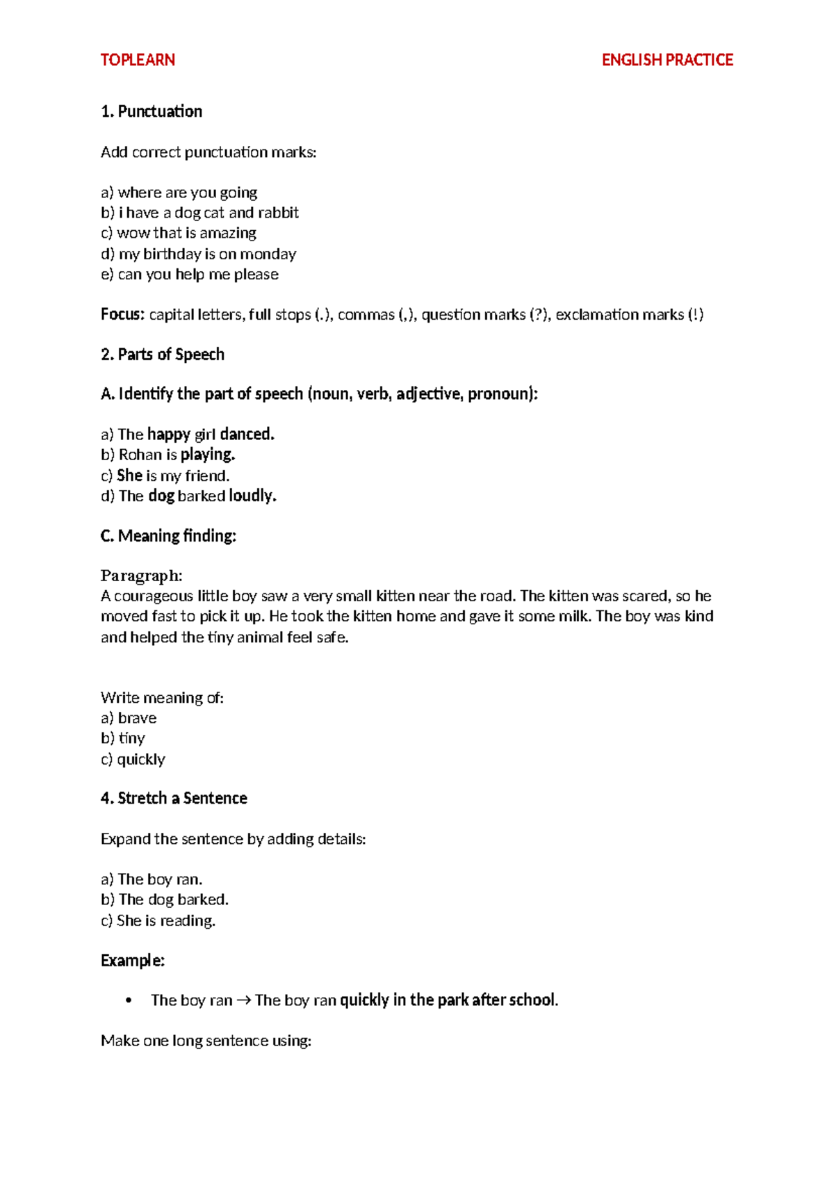 TL-2 English Practice: Punctuation & Parts of Speech Exercises - Studocu