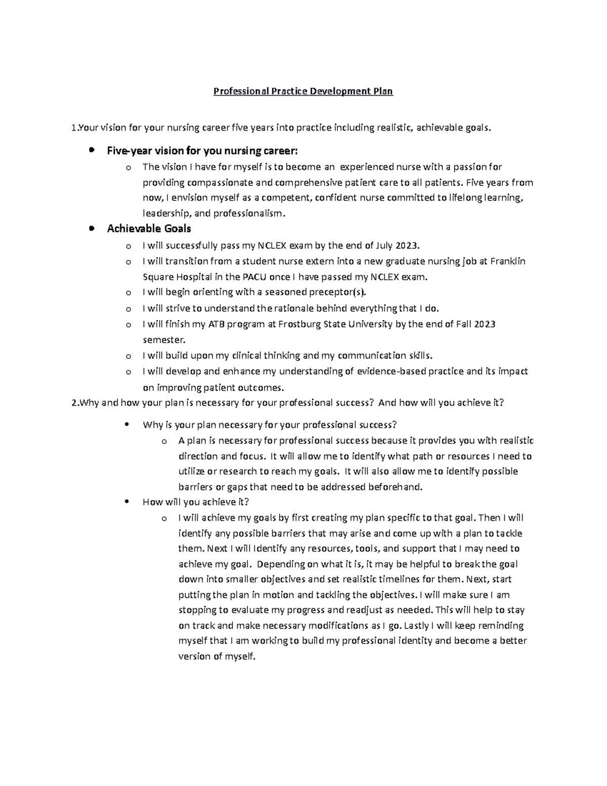 N212 Professional Practice Development Plan: Your 5-Year Nursing Vision ...