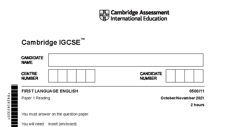 Cambridge IGCSE 0500/11/2021 Paper 1 Reading Past Paper - Studocu