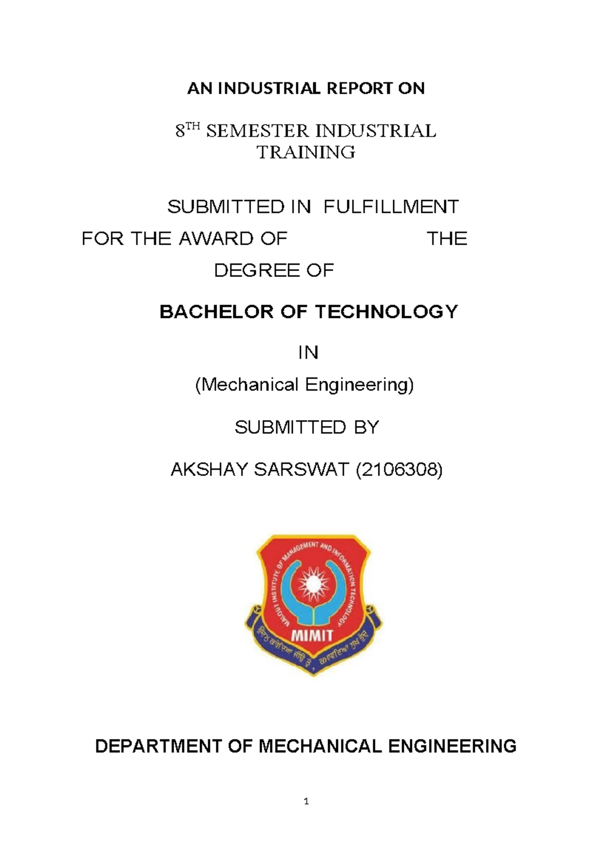 Industrial Training Report: 8th Semester B.Tech in Mechanical ...